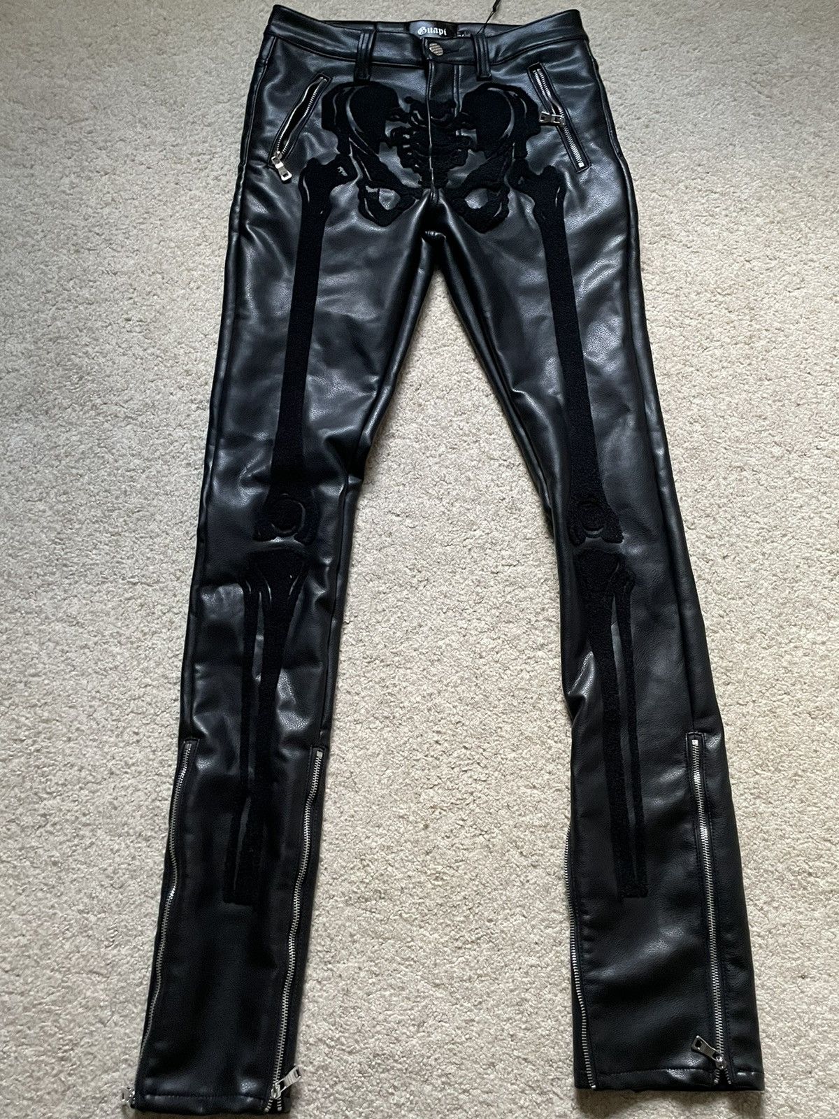 Designer GUAPI Skinny Stacked Skeleton Leather pants Black | Grailed