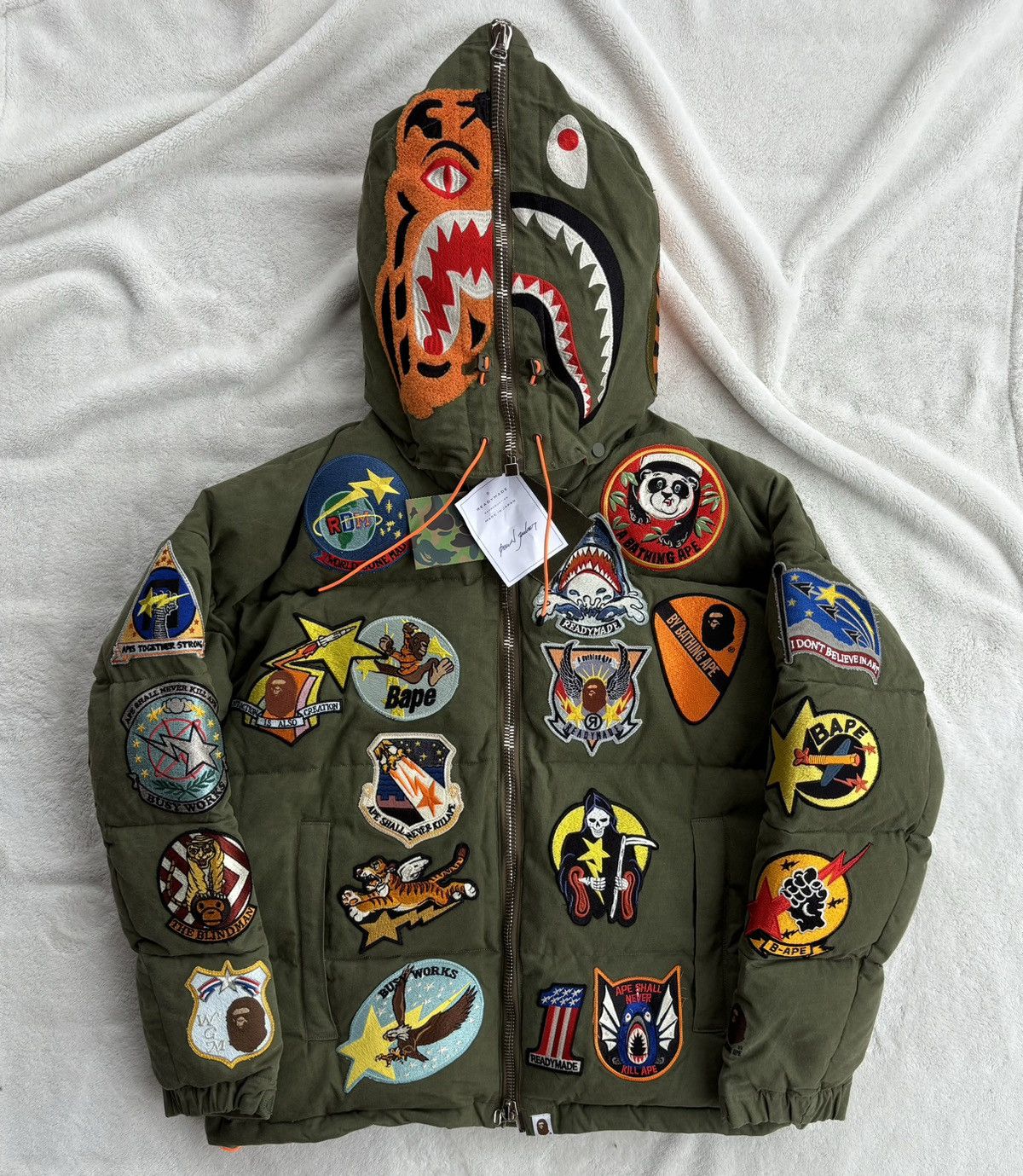 Bape Bape x ReadyMade Tiger/Shark Patch Down Parka | Grailed