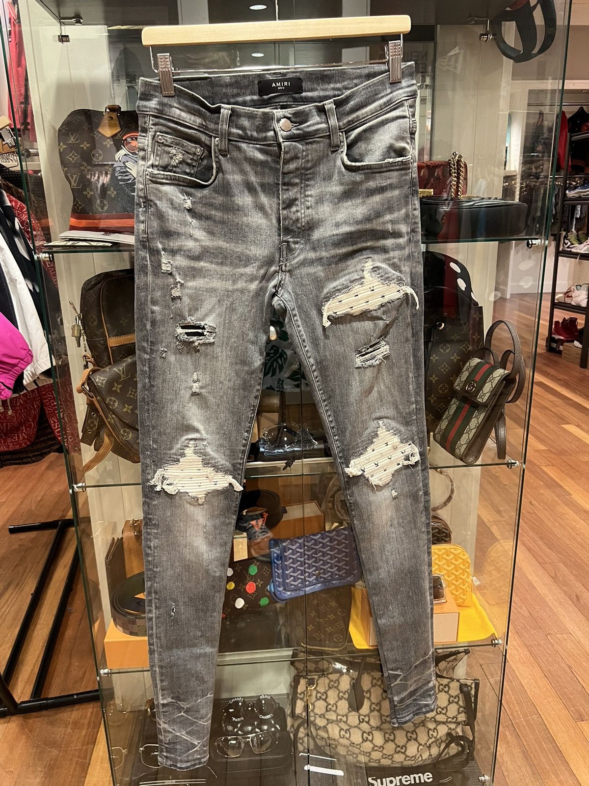 Amiri Amiri playboy leather patch mx1 denim jeans grey | Grailed