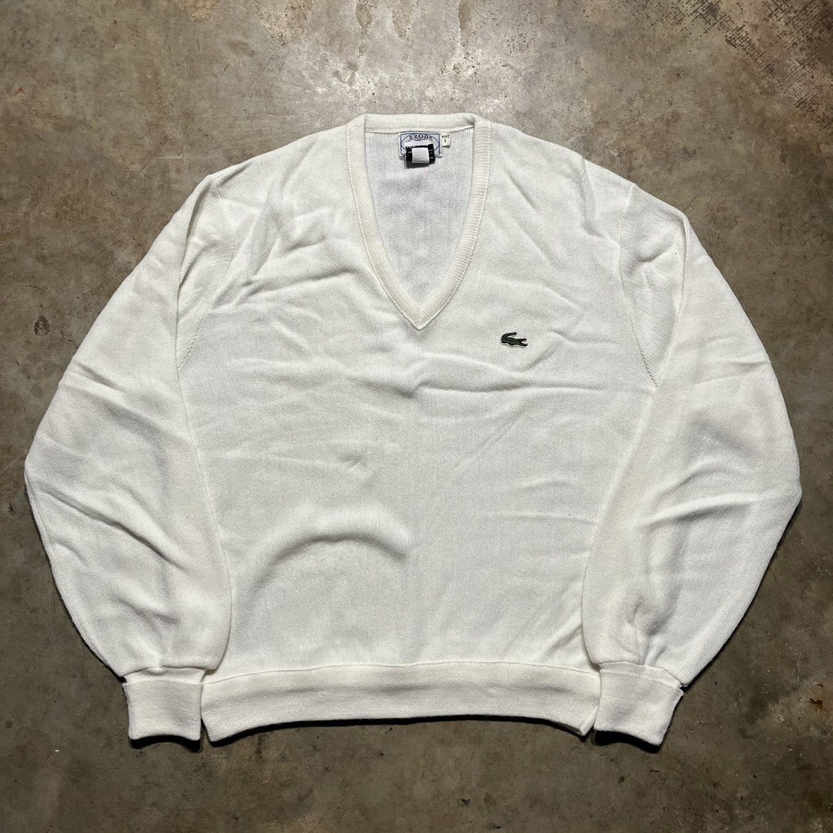 Lacoste × Made In Usa × Vintage Vintage 70s Izod Lacoste White Acrylic V-Neck Sweater | Grailed
