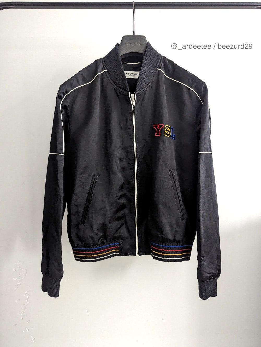 Saint Laurent Paris *NEW* BLACK SATIN LOGO TEDDY JACKET YSL | Grailed