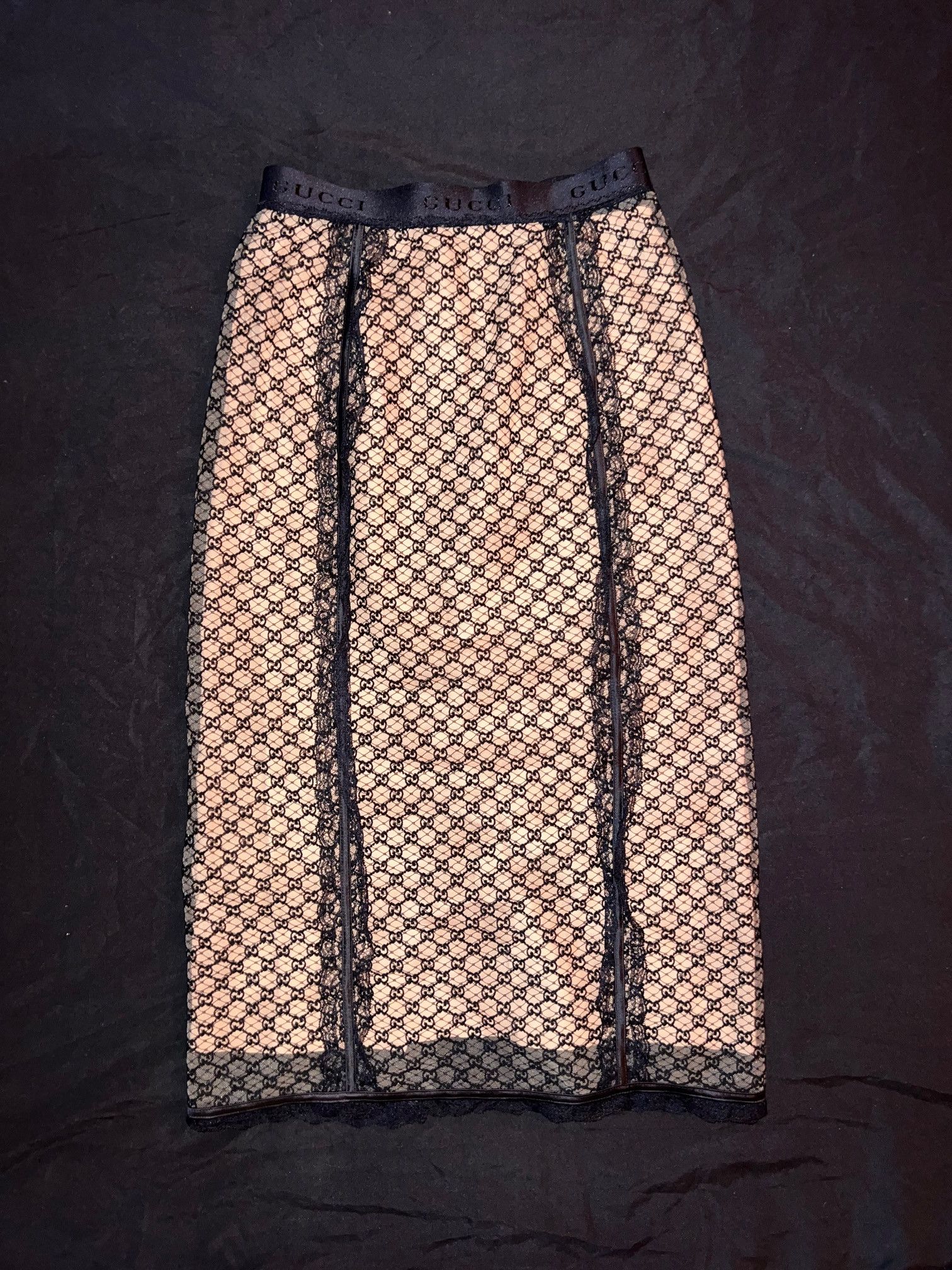 Gucci ARIA GG mesh lace-trimmed pencil skirt | Grailed