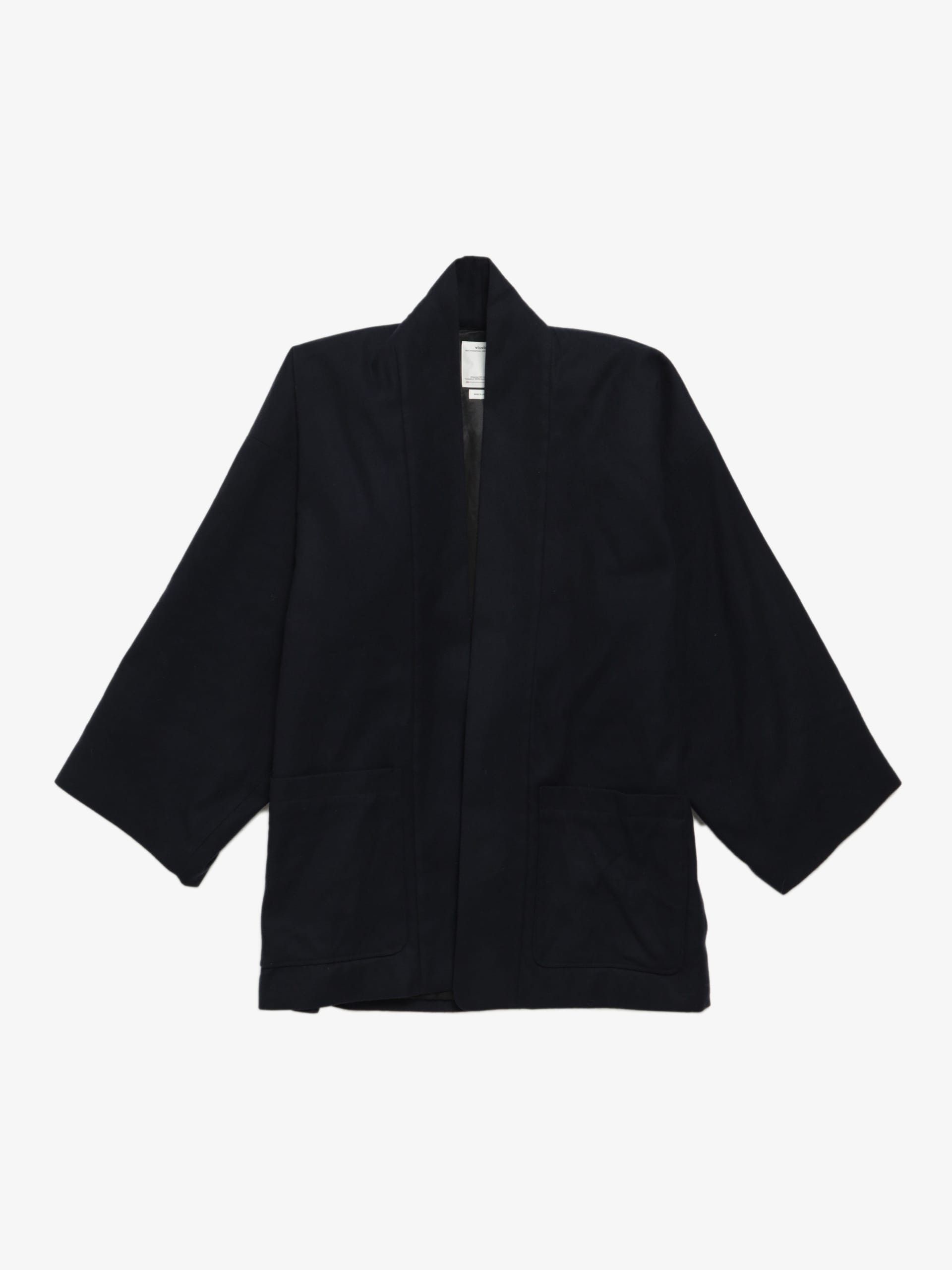 Visvim Navy Back Logo Printed Wool and Linen Kimono | Grailed