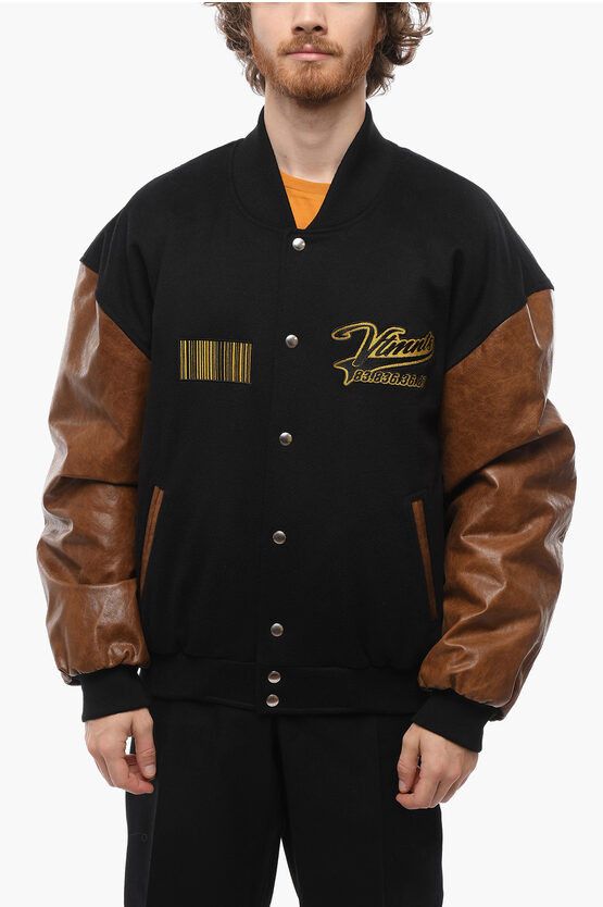 Vetements VTMNTS Leather Sleeve Wool Bomber Jacket with Embroidered Lo ...