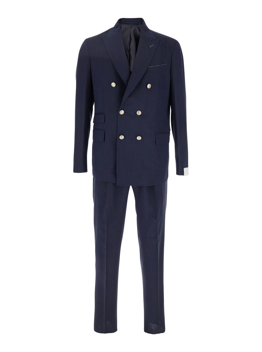 Eleventy Blue Double-Breasted Suit with Peak Revers and Jewel Buttons ...