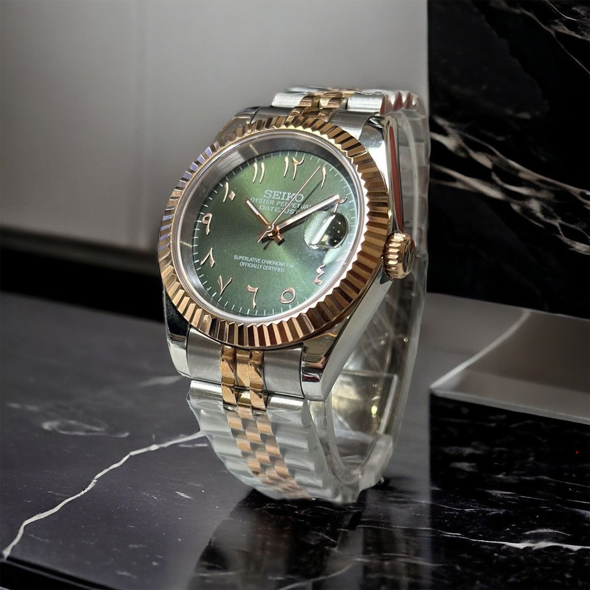 Japanese Brand × Seiko Seiko Mod Datejust Olive Arabic Dial Two Tone ...