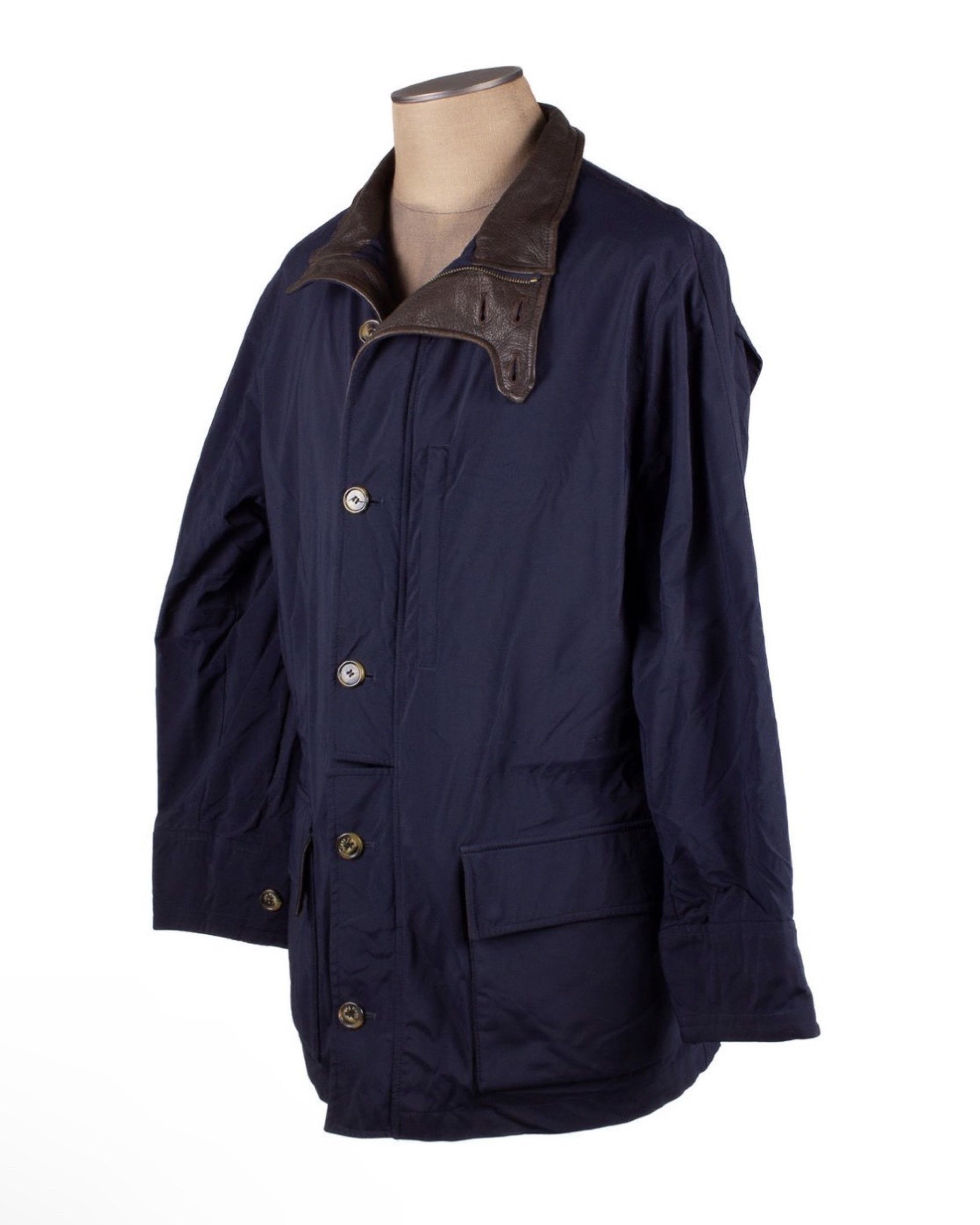 Loro Piana LORO PIANA NAVY NYLON BROWN LEATHER CLASSIC HORSEY JACKET ...