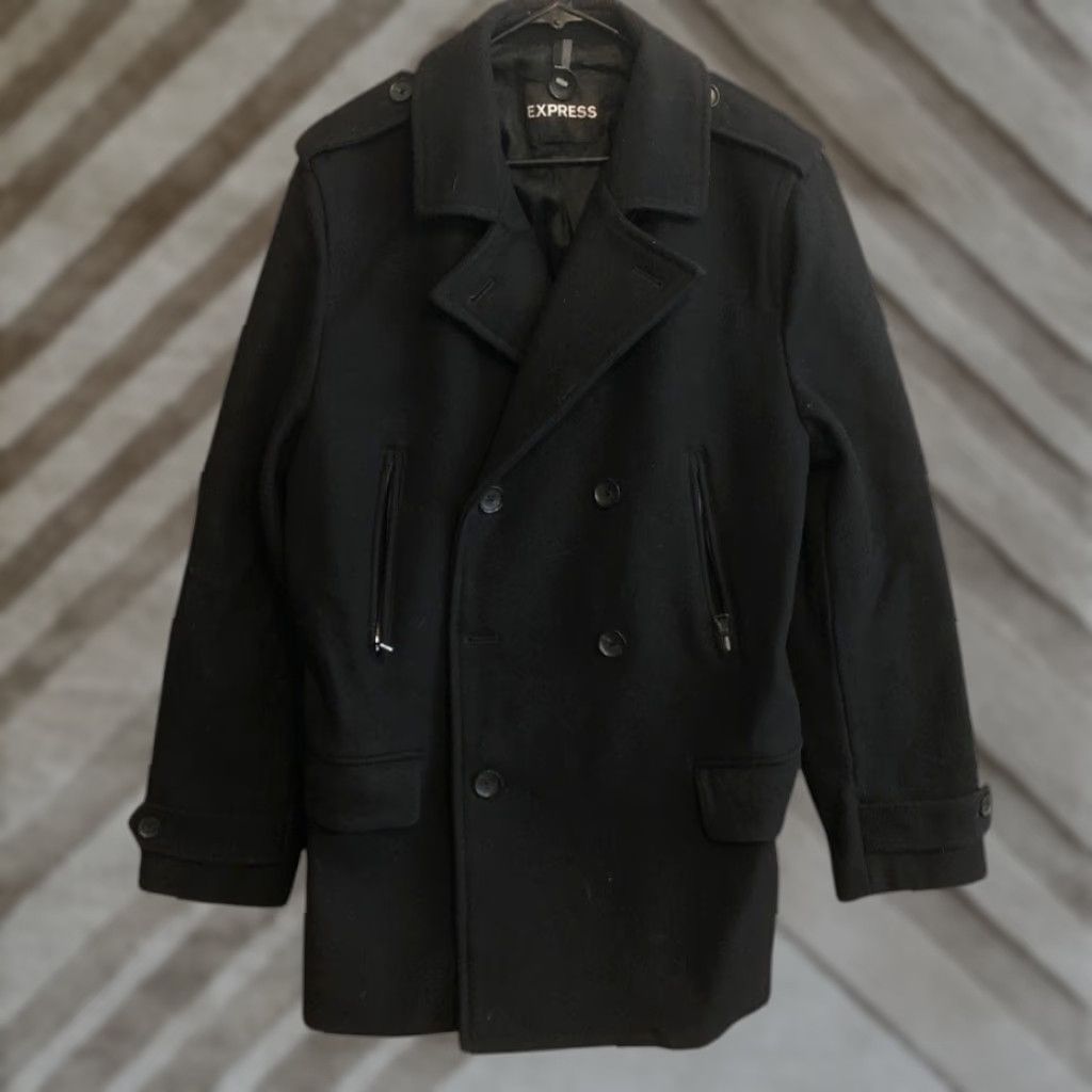 Express VINTAGE Express Mens Coat Black Double Breasted Peacoat Lined ...