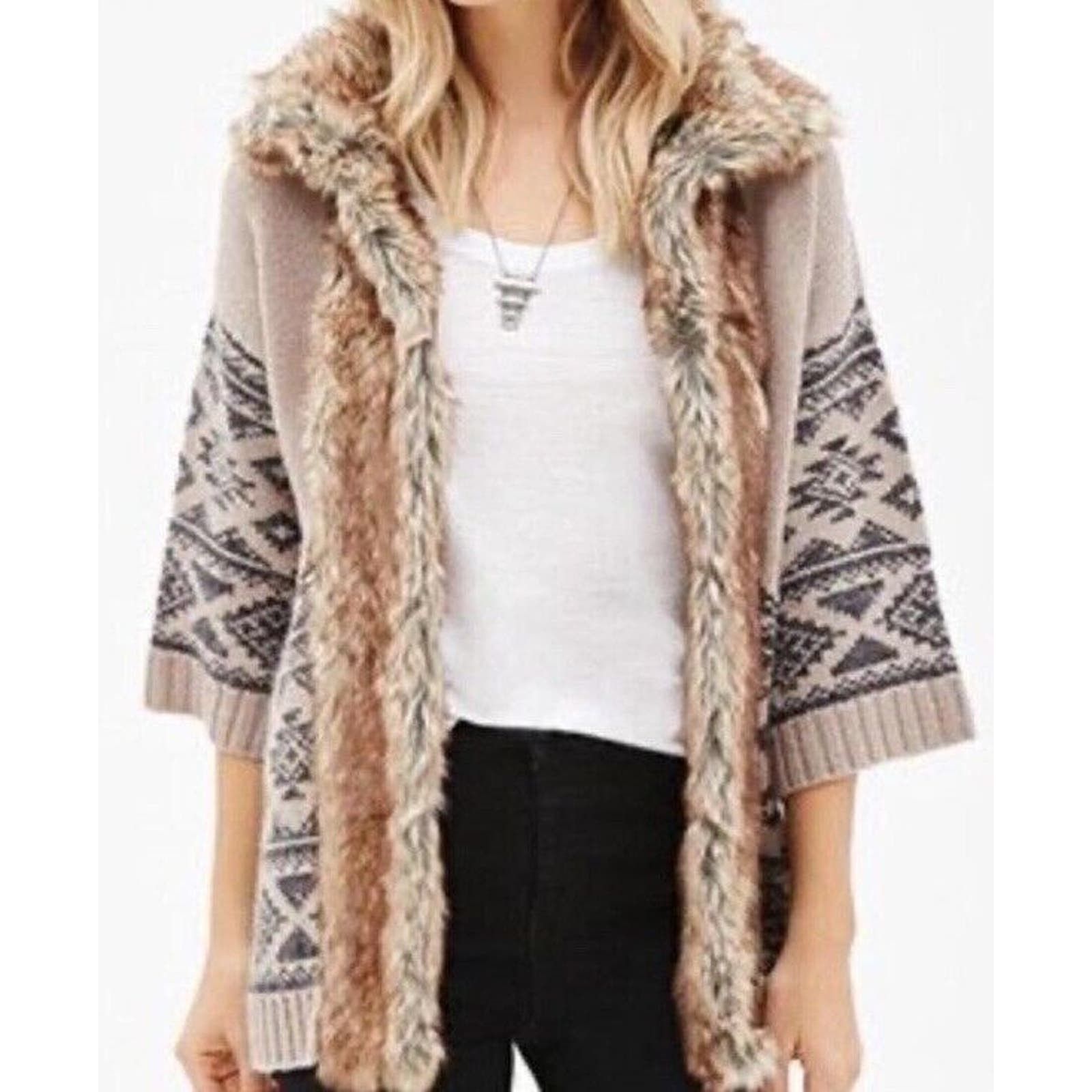 Forever 21 Faux Fur Aztec Sweater Jacket Wool Cardigan Tribal Love 21 S ...