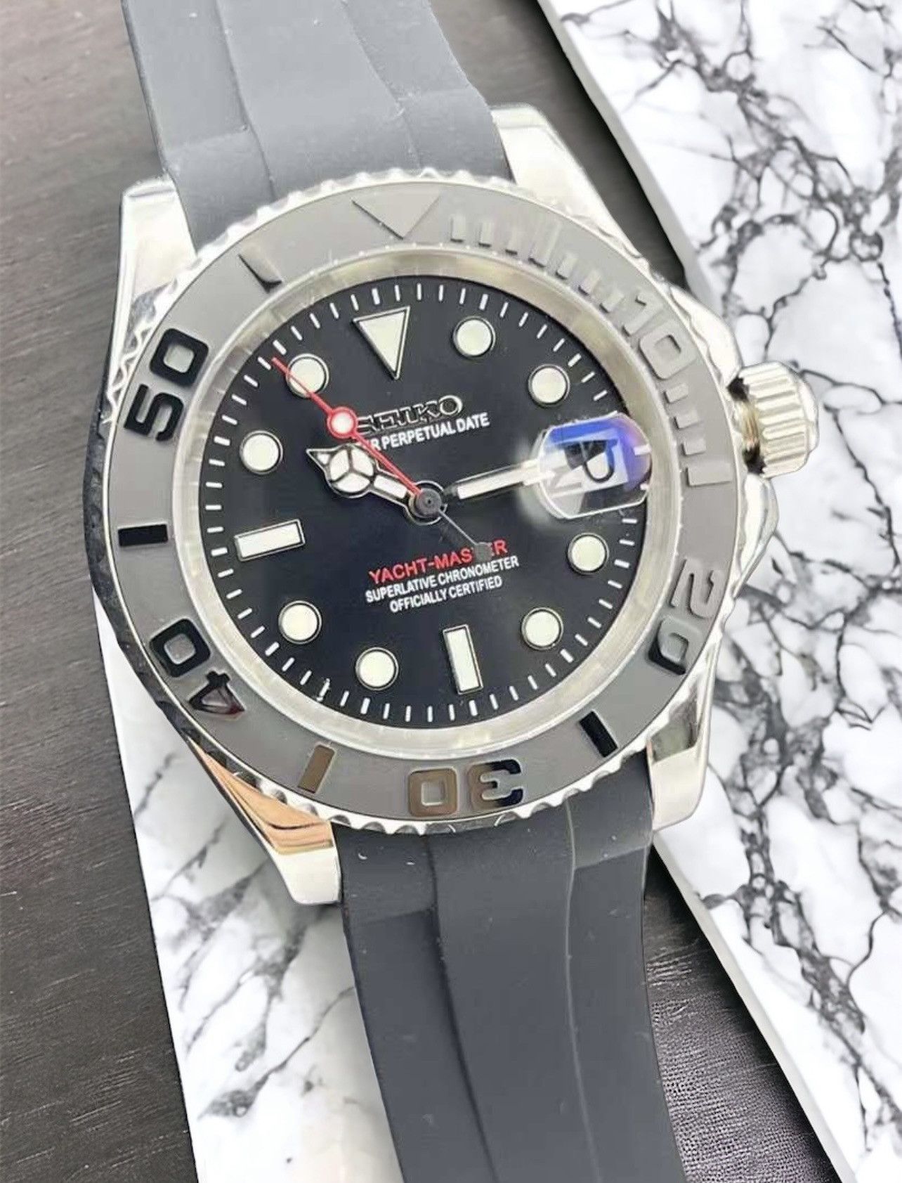 Seiko Seiko Mod Yachtmaster Black Dial Steel Oysterflex 41mm Watch ...