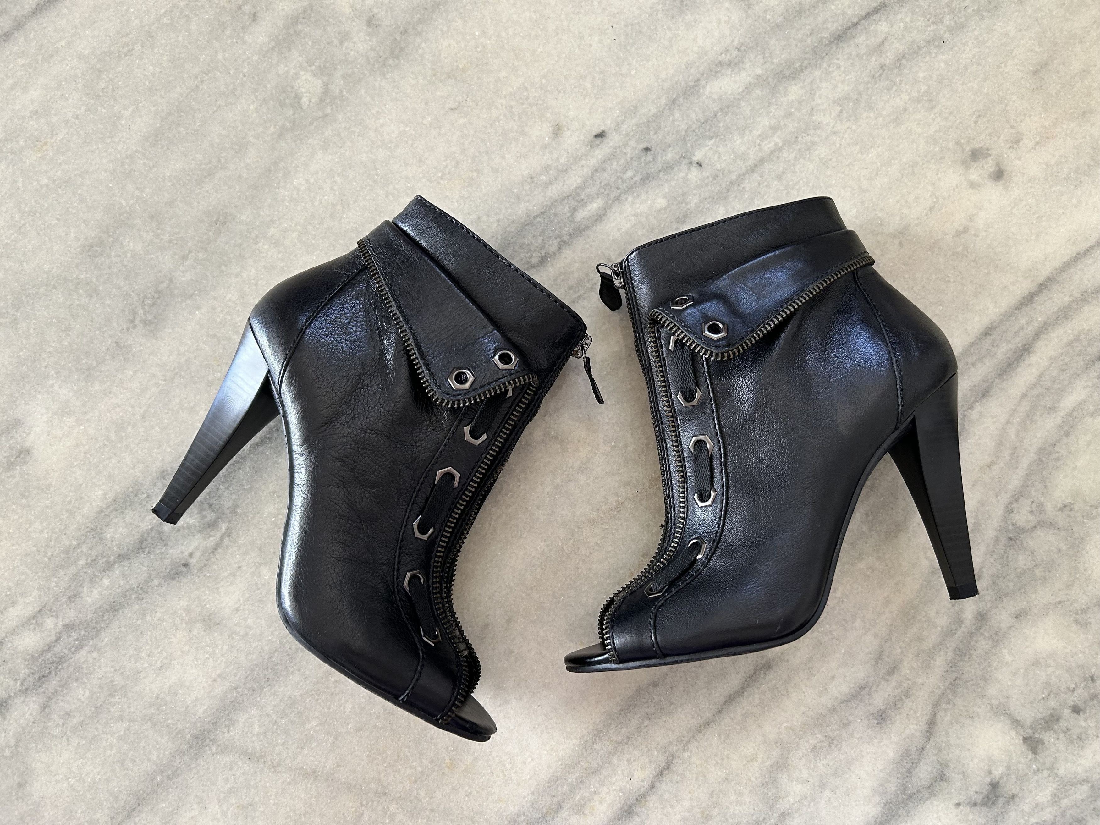 Other Gianni Bini Black Leather Booties High Heel Peep Toe Zip | Grailed