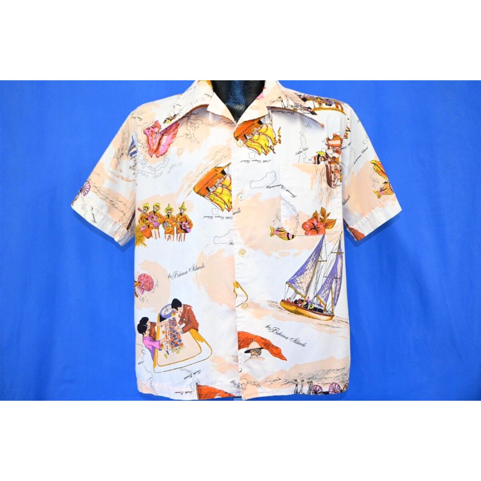 Vintage vintage 70s BAHAMAS ISLANDS BIG COLLAR SEA SHELL SAILBOAT MAP ...