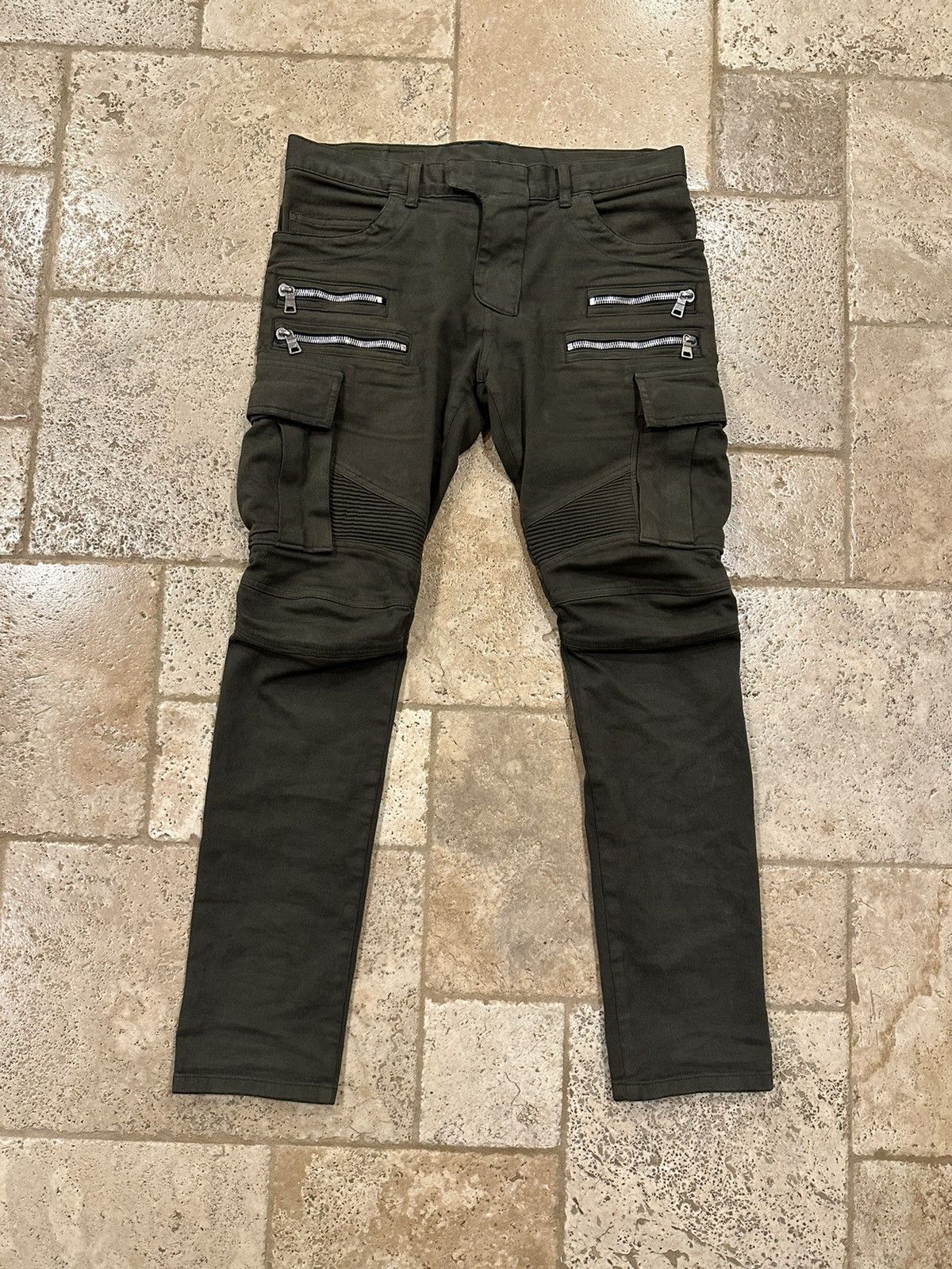 Balmain Balmain Biker Cargo Double Zipper Green Olive Denim Pants | Grailed