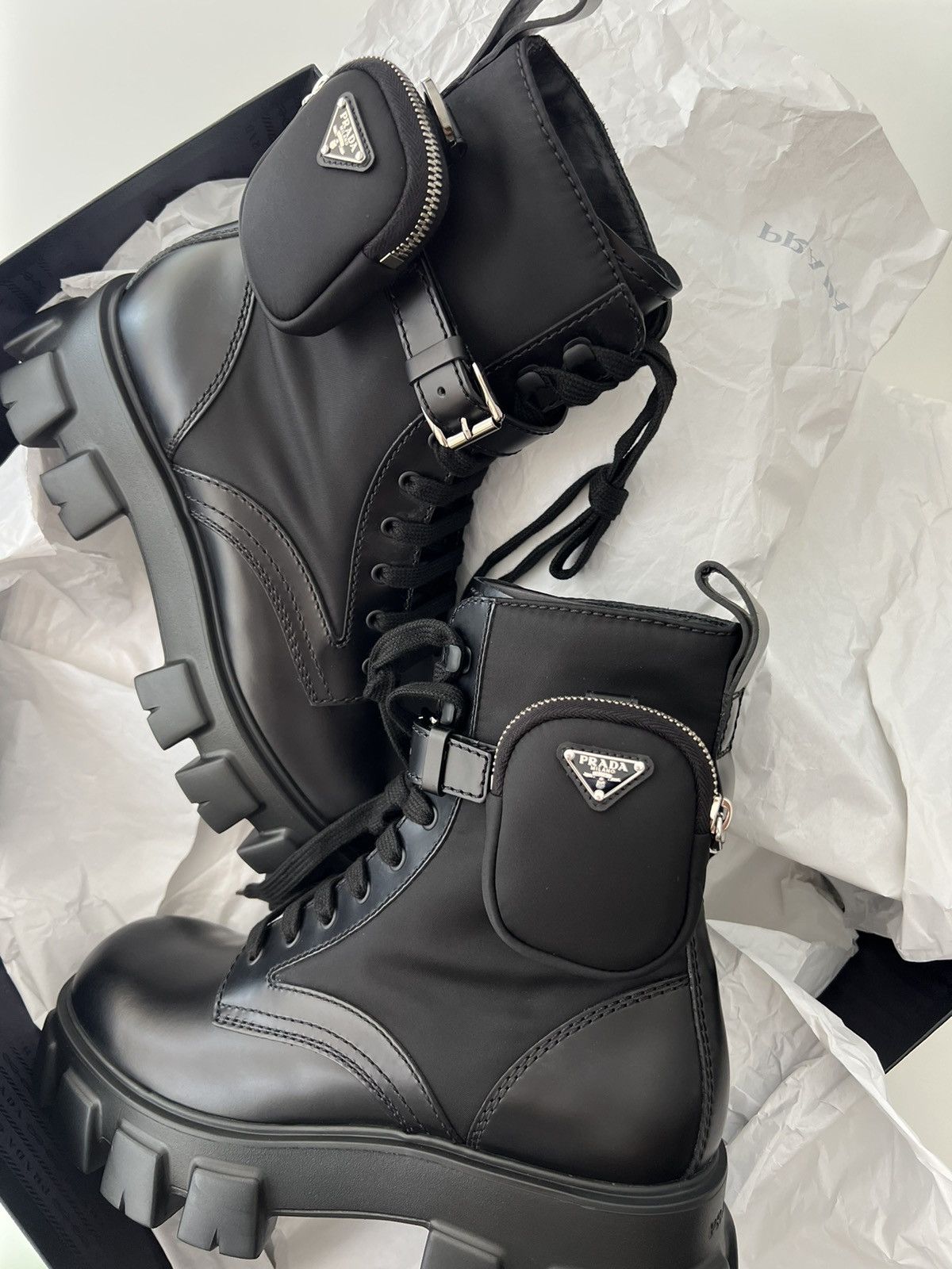 Prada 🔥$2K VALUE🔥Monolith leather and Re-Nylon boots with pouch | Grailed