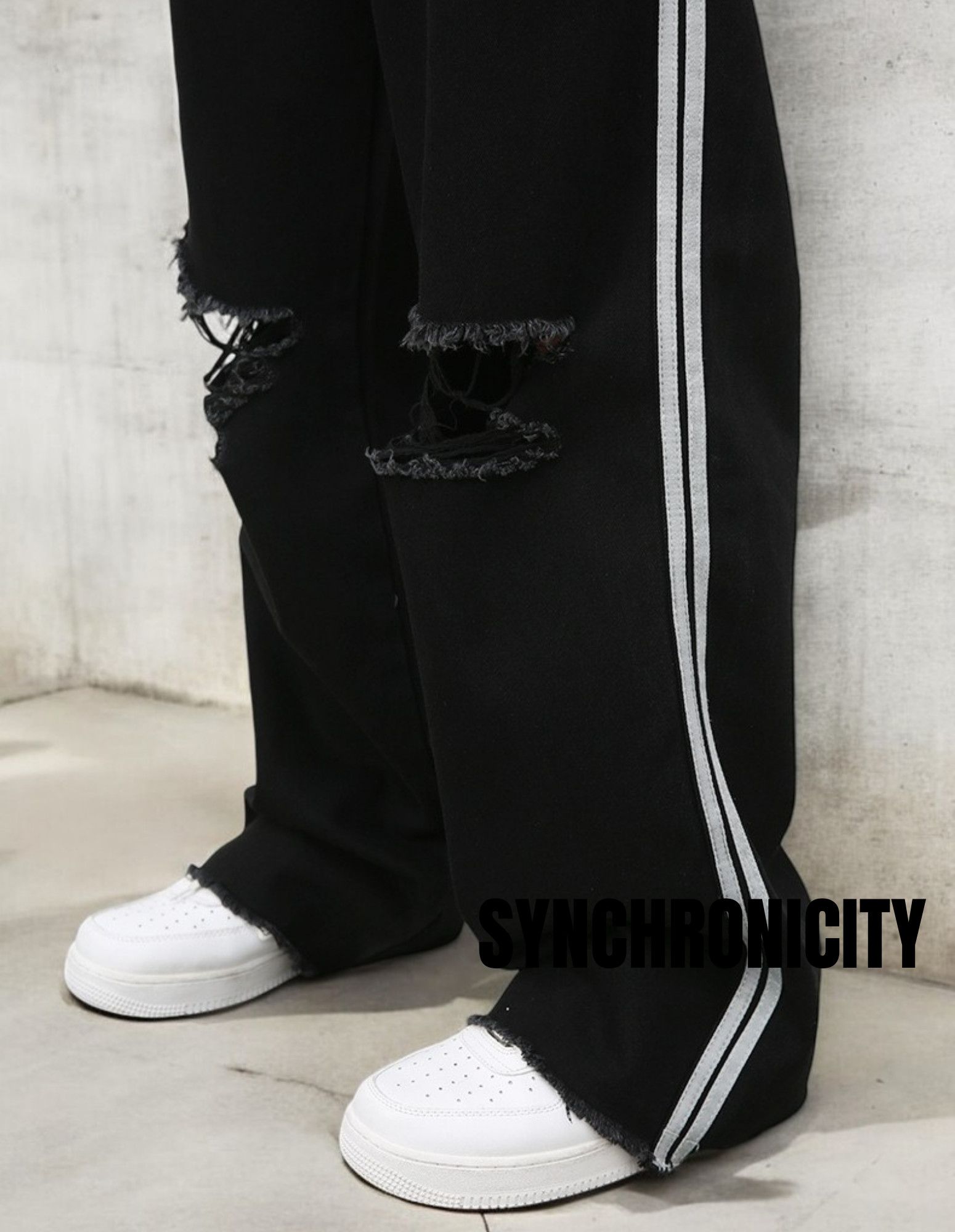Streetwear Black Distressed Track Baggy Denim Jeans, Ripped Jeans | Grailed