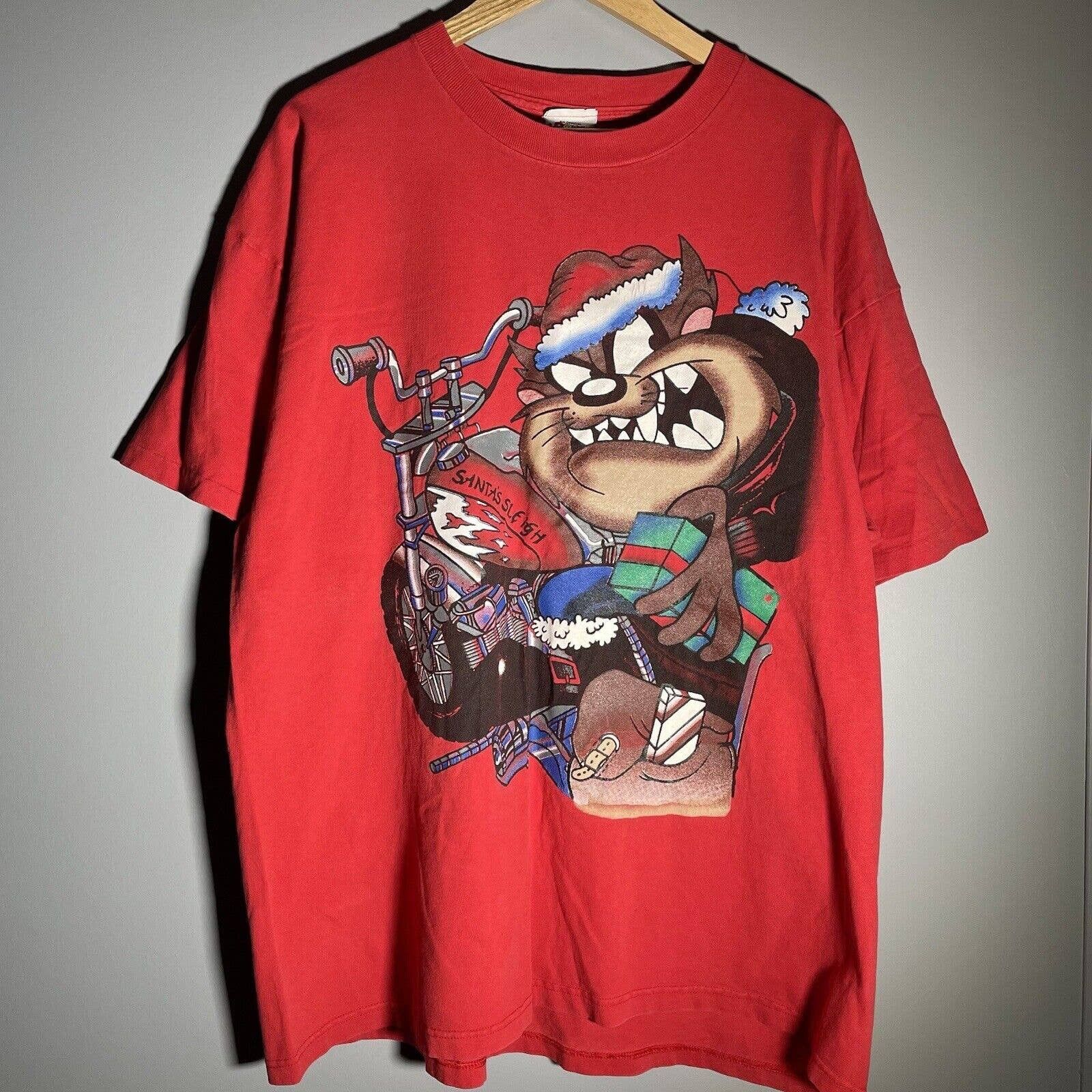 Vintage Vintage 90s Looney Tunes Taz Santa Motorcycle Red T-Shirt | Grailed