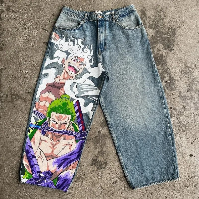 Vintage New Baggy Wide Unisex Anime One Piece Luffy and Zoro Jeans ...