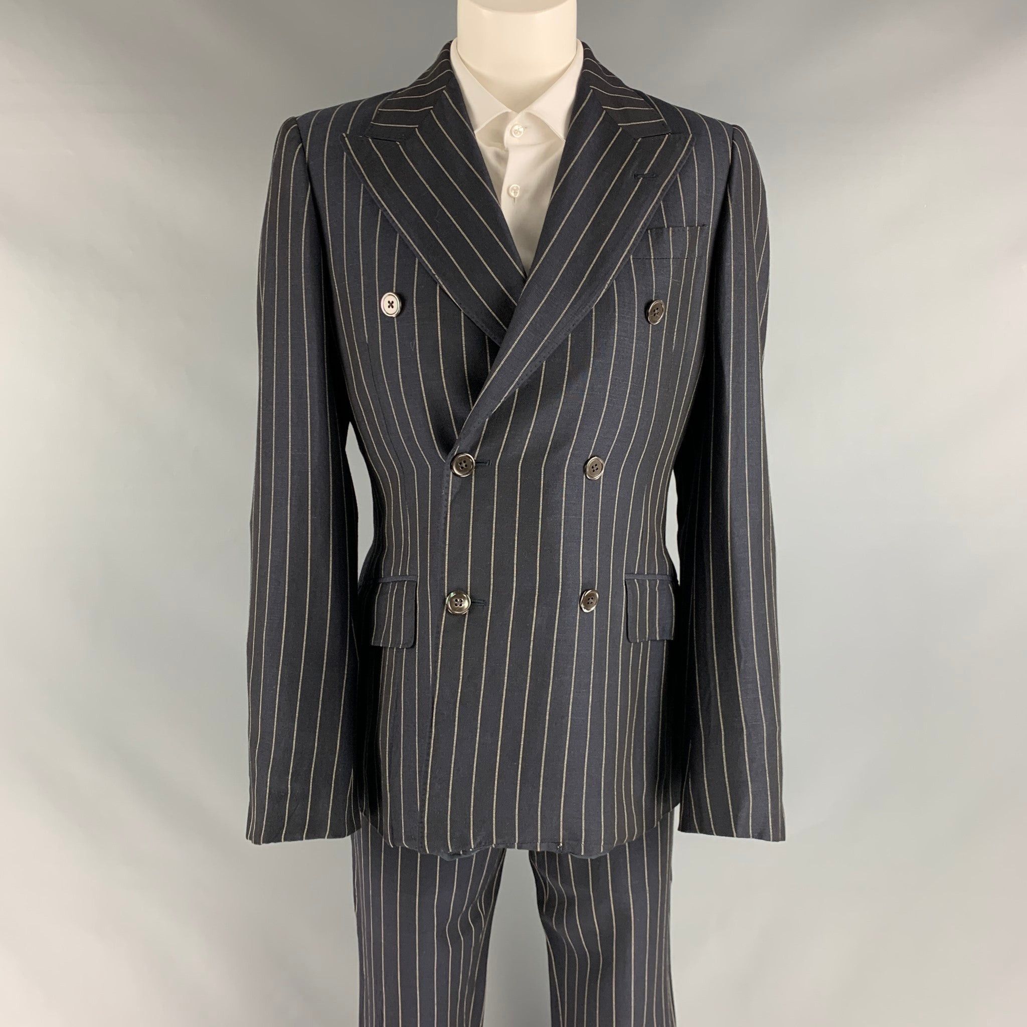 Prada Navy Cream Pinstripe Viscose Linen Pleated Suit | Grailed