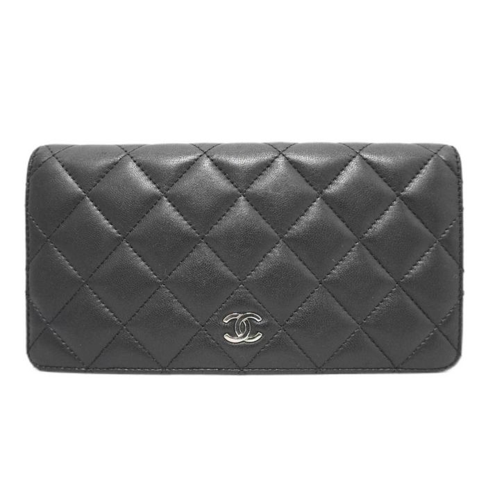 Chanel CHANEL Coco Mark Matelasse Bifold Wallet Long Black Lambskin Men ...