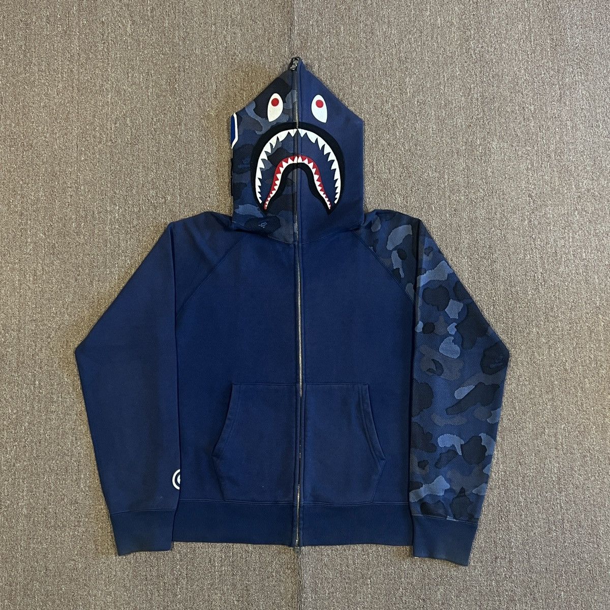 Bape Bape Camo Sleeve Navy Shark Zip Up Hoodie | Grailed