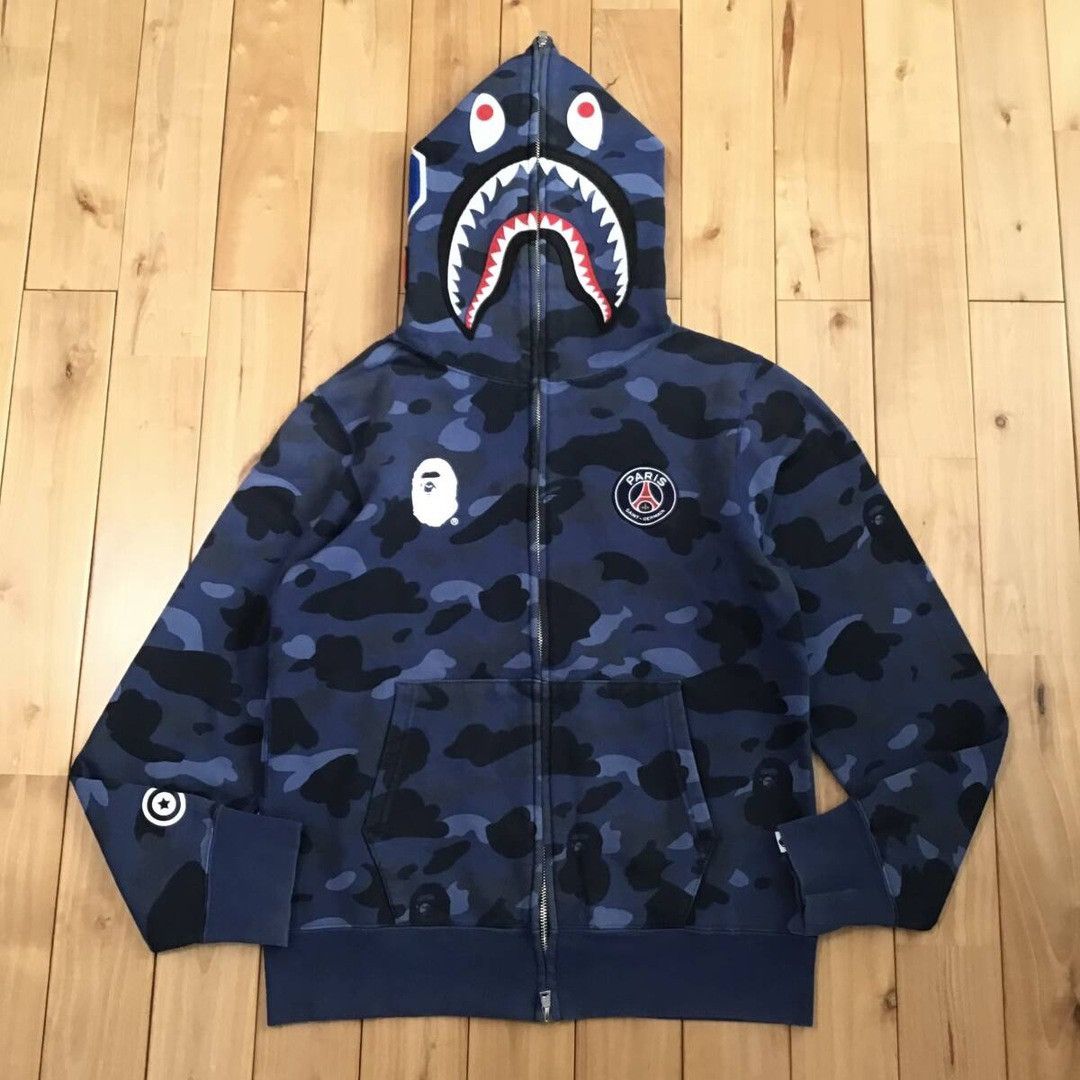 Bape BAPE × PSG Shark full zip Hoodie a bathing ape blue camo | Grailed
