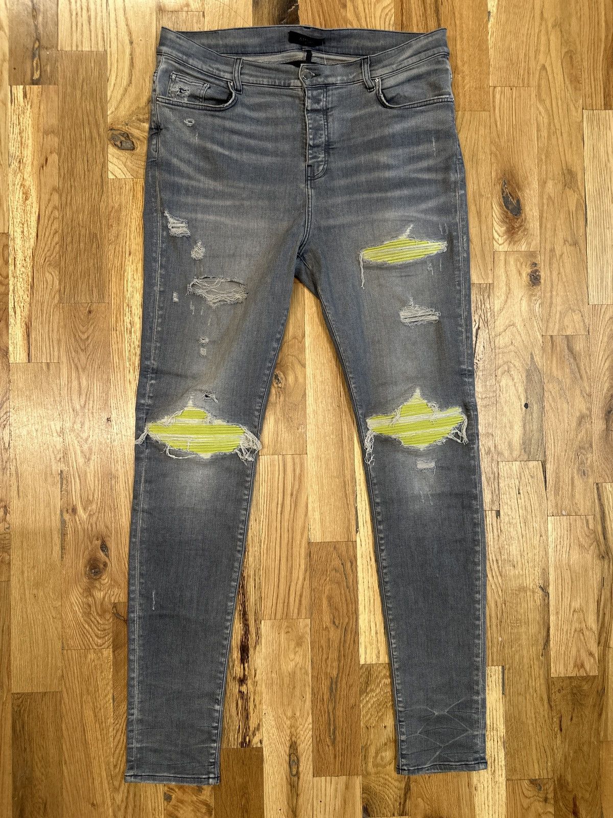 Amiri Amiri Gray MX1 Yellow Slime Patch Denim Jeans Sz 38 | Grailed