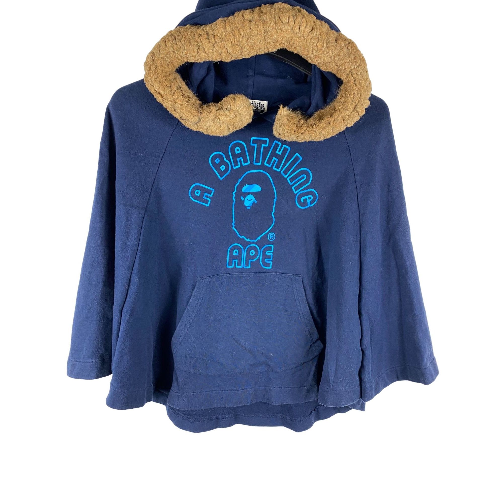 Bape A Bathing Ape Spell Out & Fur Head Logo Poncho Blue A312 | Grailed