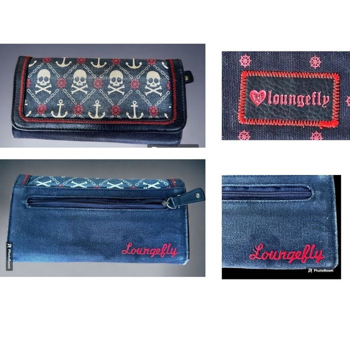 Vintage Loungefly Skull Crossbone Wallet Denim Trifold Pirate Logo S ...