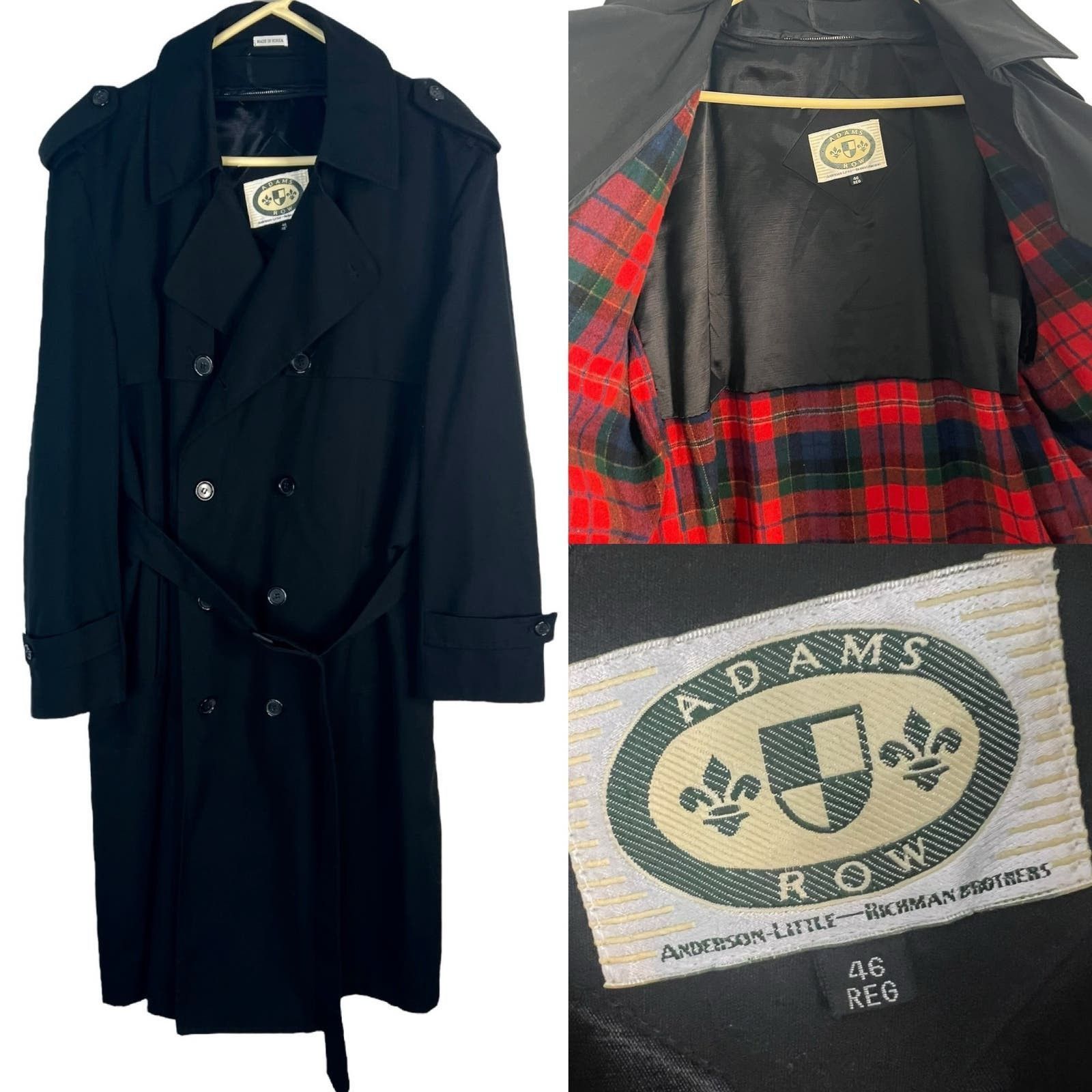 Adams Row Adams Row Mens Trench Coat Double Breasted Belt Liner SZ 46 ...