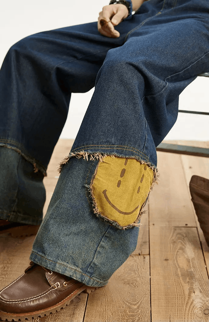 Streetwear Retro niche Harajuku distressed patchwork smiley pants | Grailed