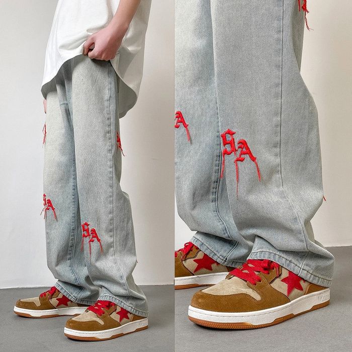 Streetwear Letters Embroidered Blue Denim Jeans | Grailed