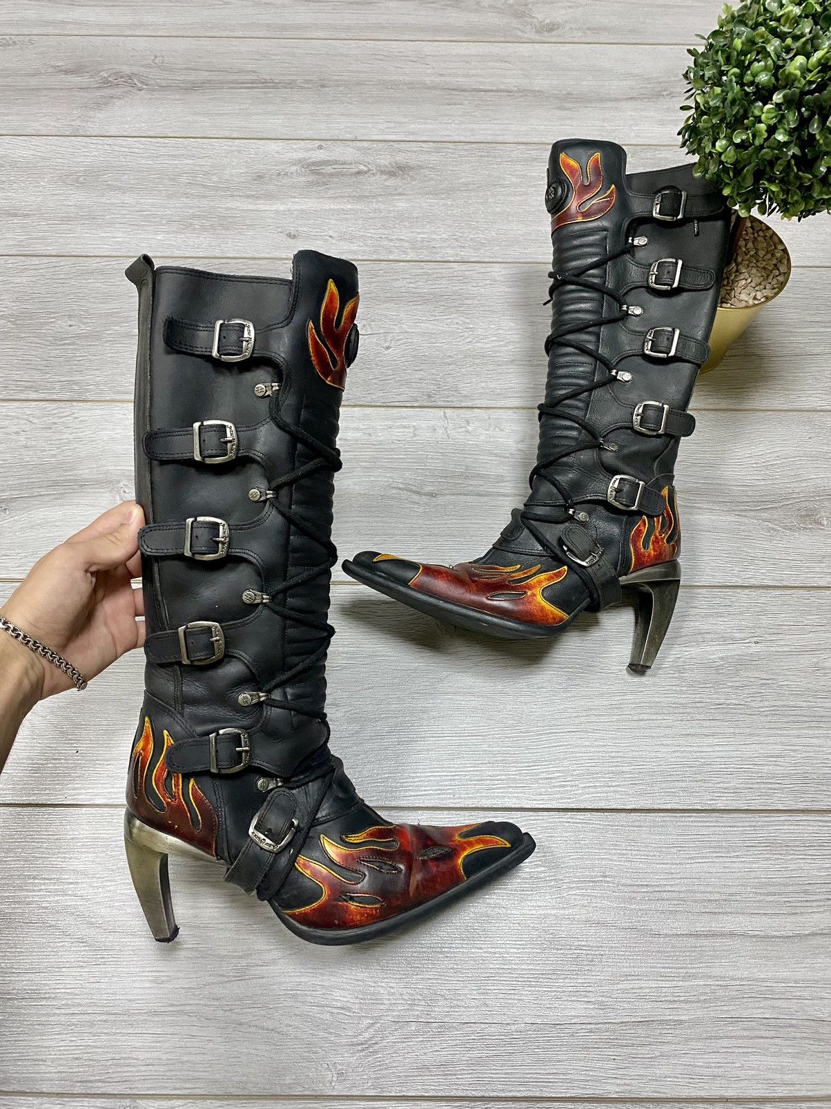 New Rock New Rock flame vintage leather high Winklepicker | Grailed