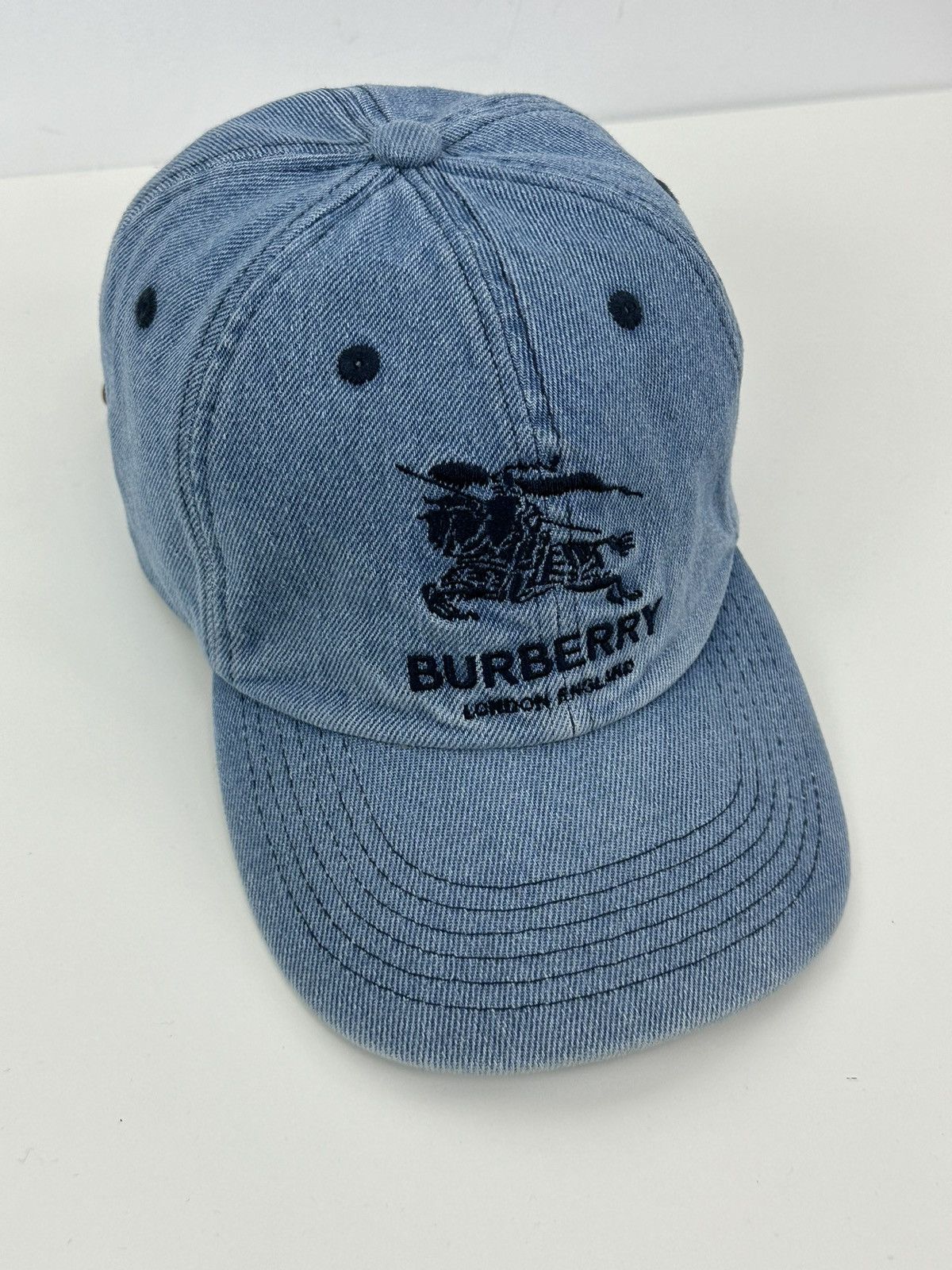 Supreme Burberry Supreme Center Logo Denim Baseball Cap Hat Blue | Grailed