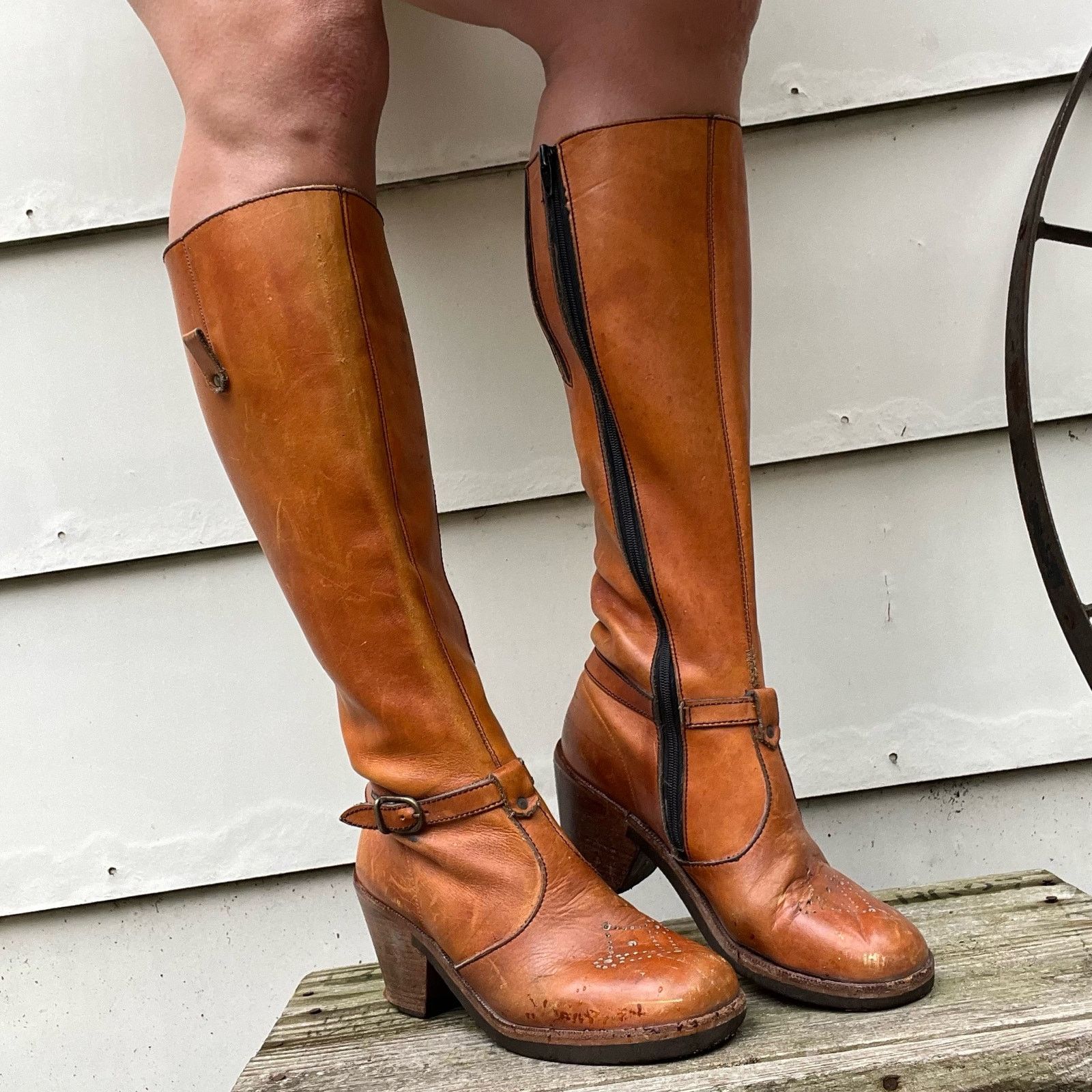 Vintage 70s Leather Stacked Heel Harness Penny Lane Campus Boots | Grailed