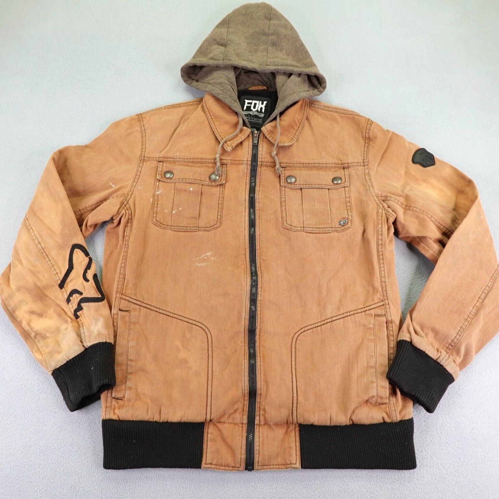 Vintage Fox Racing Mens Large Brown Canvas Jacket Coat Workwear Zip Up ...