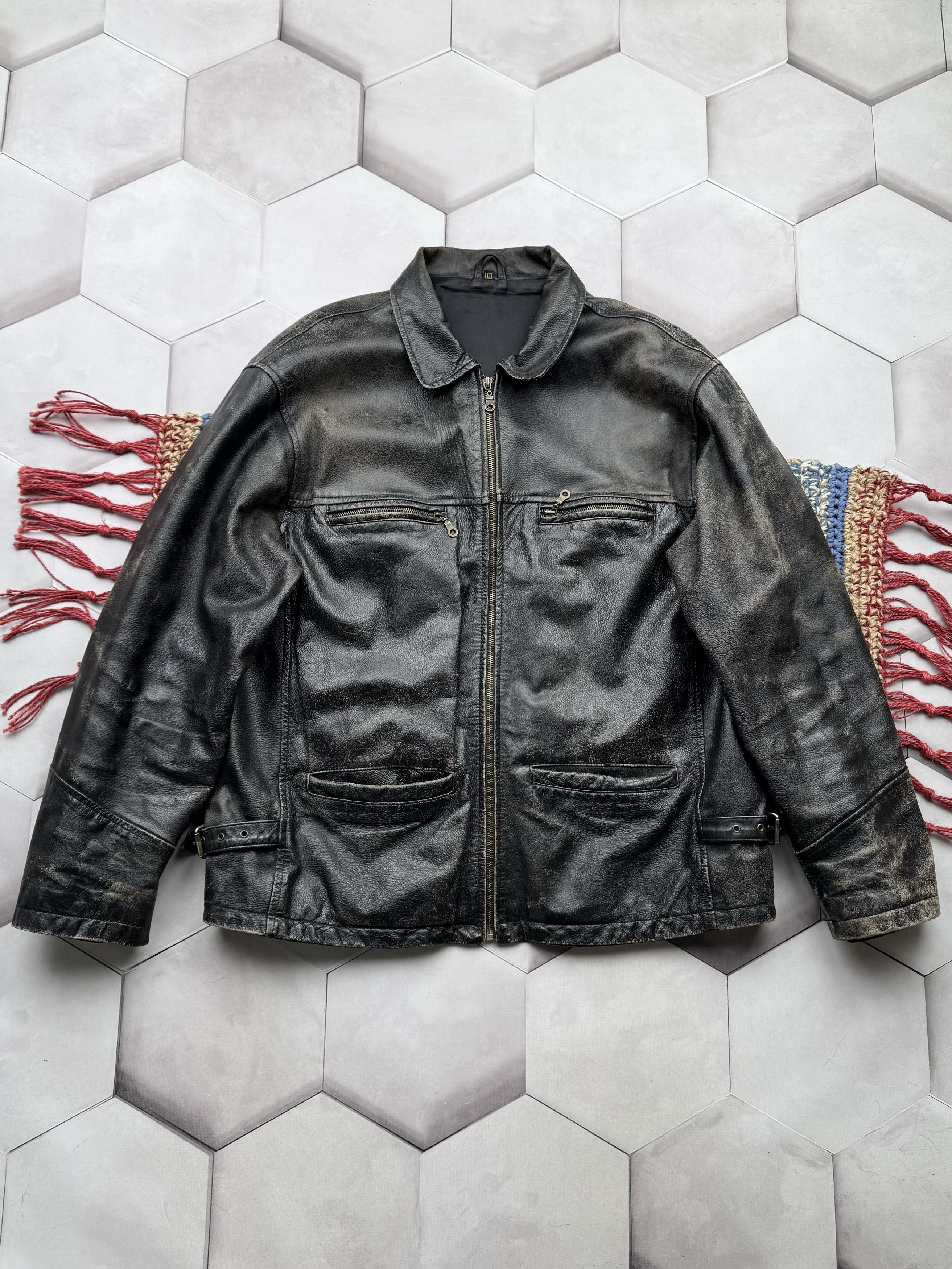 Leather Jacket × Streetwear × Vintage 90's Faded Leather Jacket A12 ...