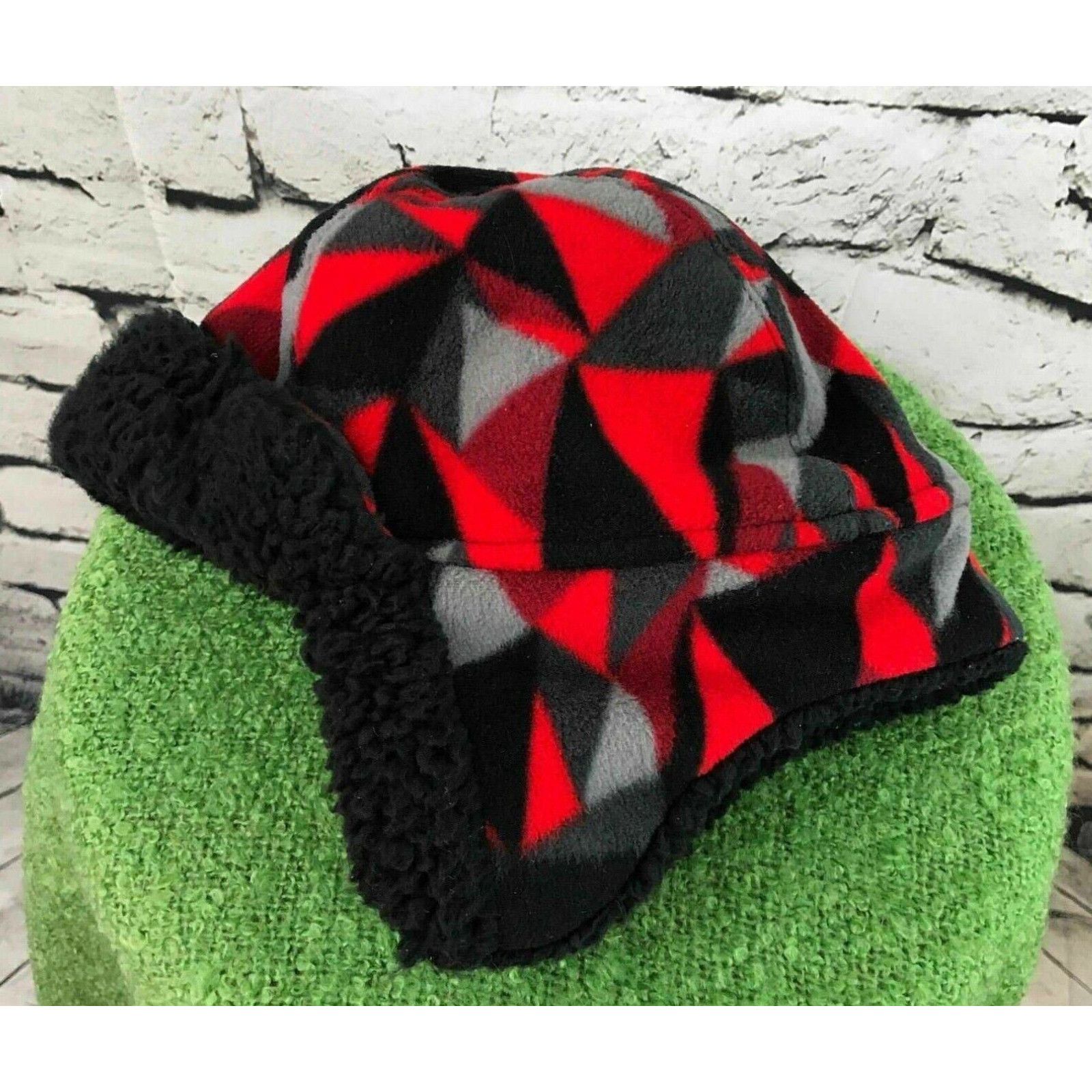 Vintage Trapper Hunter Hat Boy Sz 8-16 Red Black Geo Print Sherpa Lined ...
