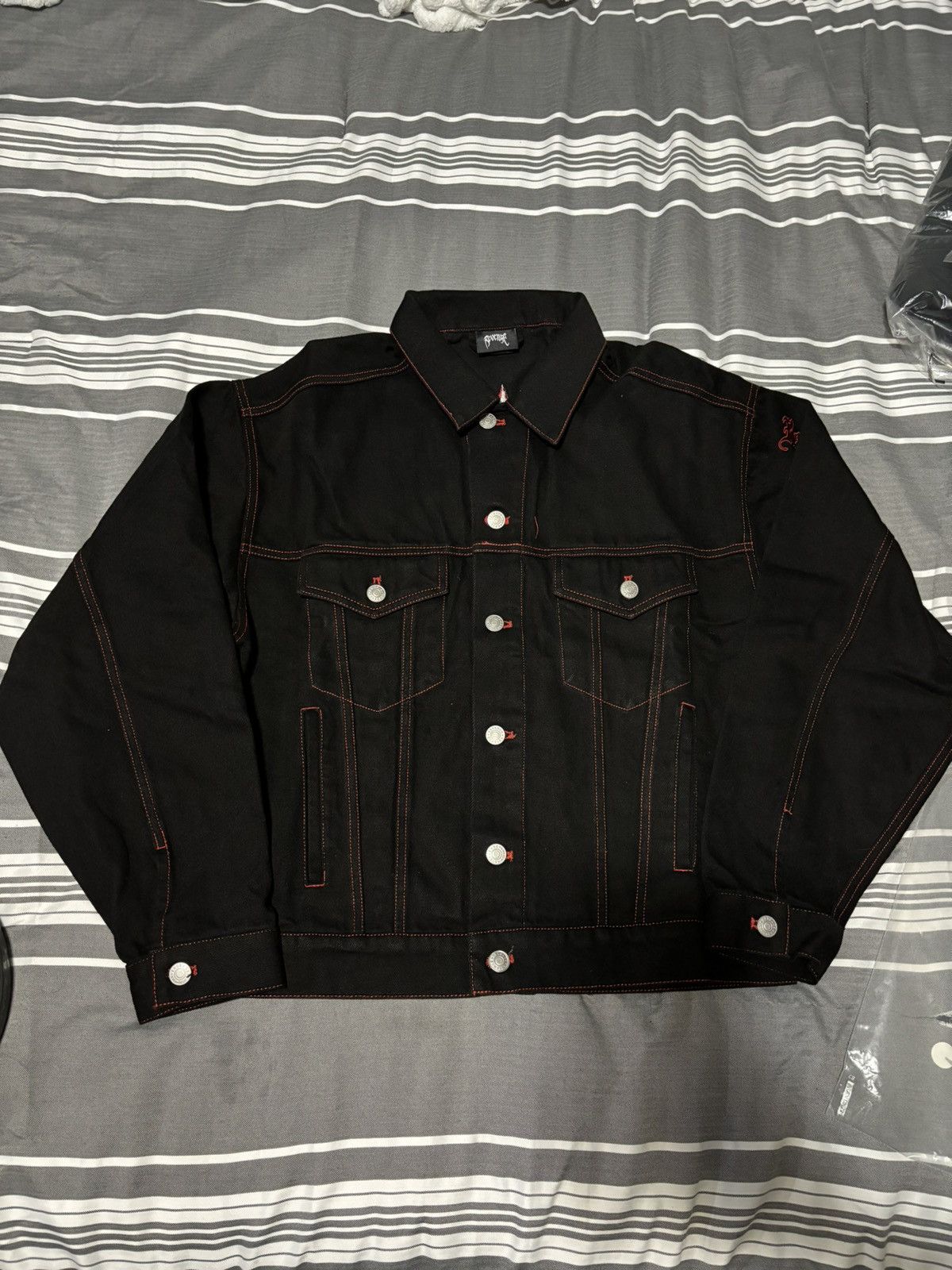 Revenge Revenge Red Embroidered Logo Black Denim Jacket | Grailed