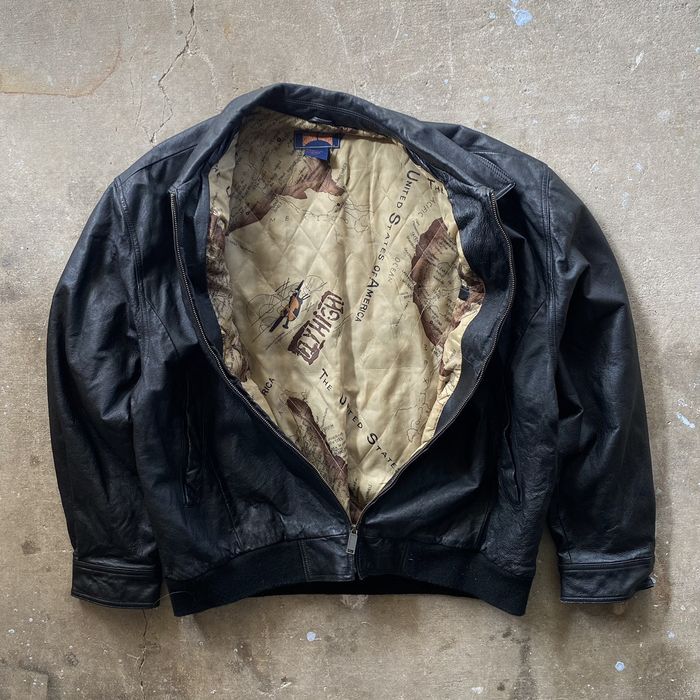Vintage Black Leather Flight Pilot Style Bomber Jacket Map Lining | Grailed
