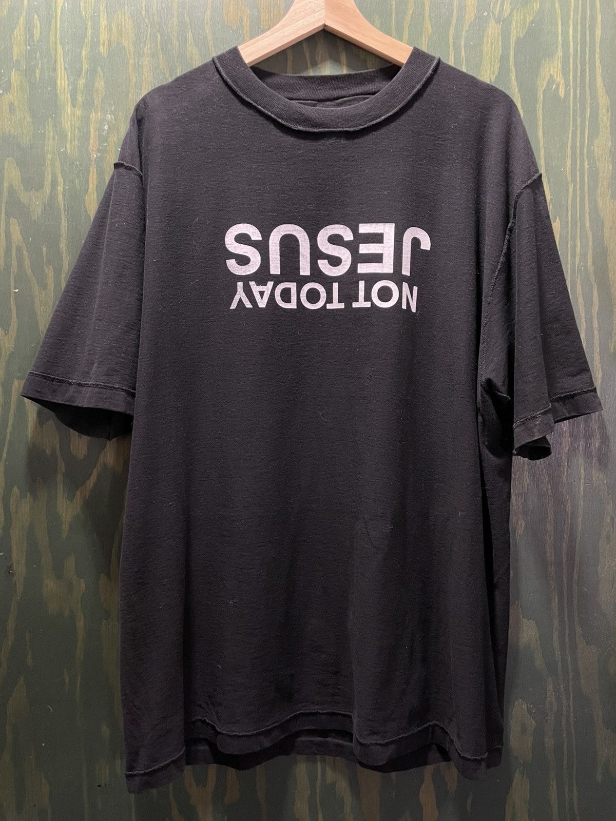 Vintage NOT TODAY JESUS upside down text art on 90s inside out tee ...