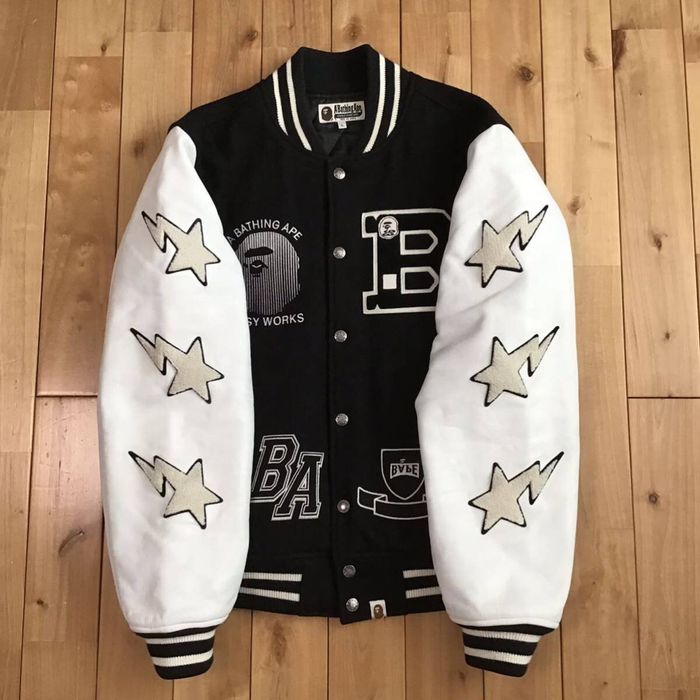 Bape Sleeve leather BAPE STA LOGO varsity jacket a bathing ape | Grailed