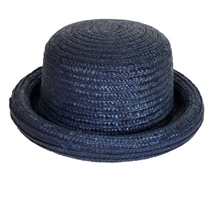 Vintage Navy Blue Straw Hat Rolled Brim, Bowler Raffia High Crown | Grailed