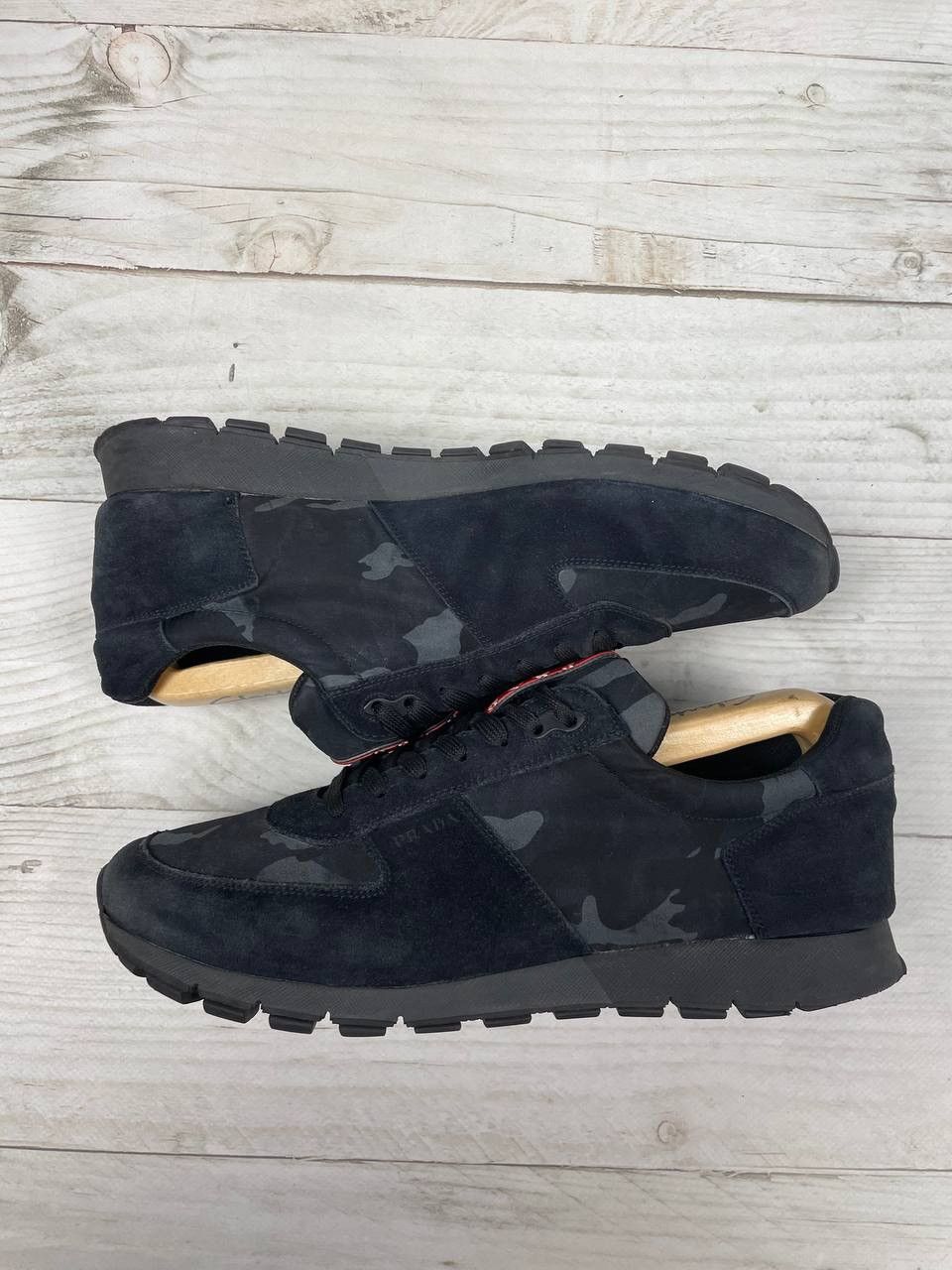 Luxury × Prada Prada 4E2700 Blue Camo Trainers Leather Sneaker Red Tab ...
