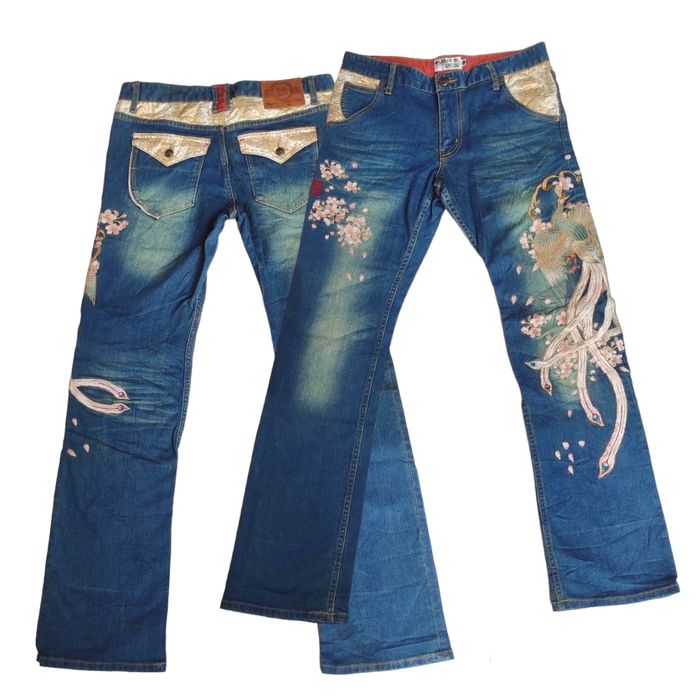 Japanese Brand FLARE JEANS Karakuri Tamashi Phoenix Embroidered Jeans ...