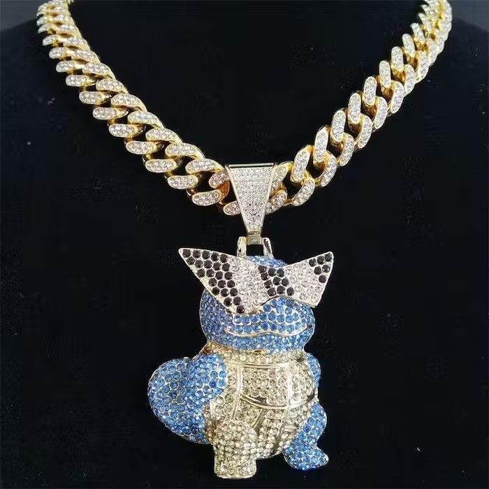 Cuban Link Chain Gold Color Iced Out 18 inch Squirt Turtle Pendant ...