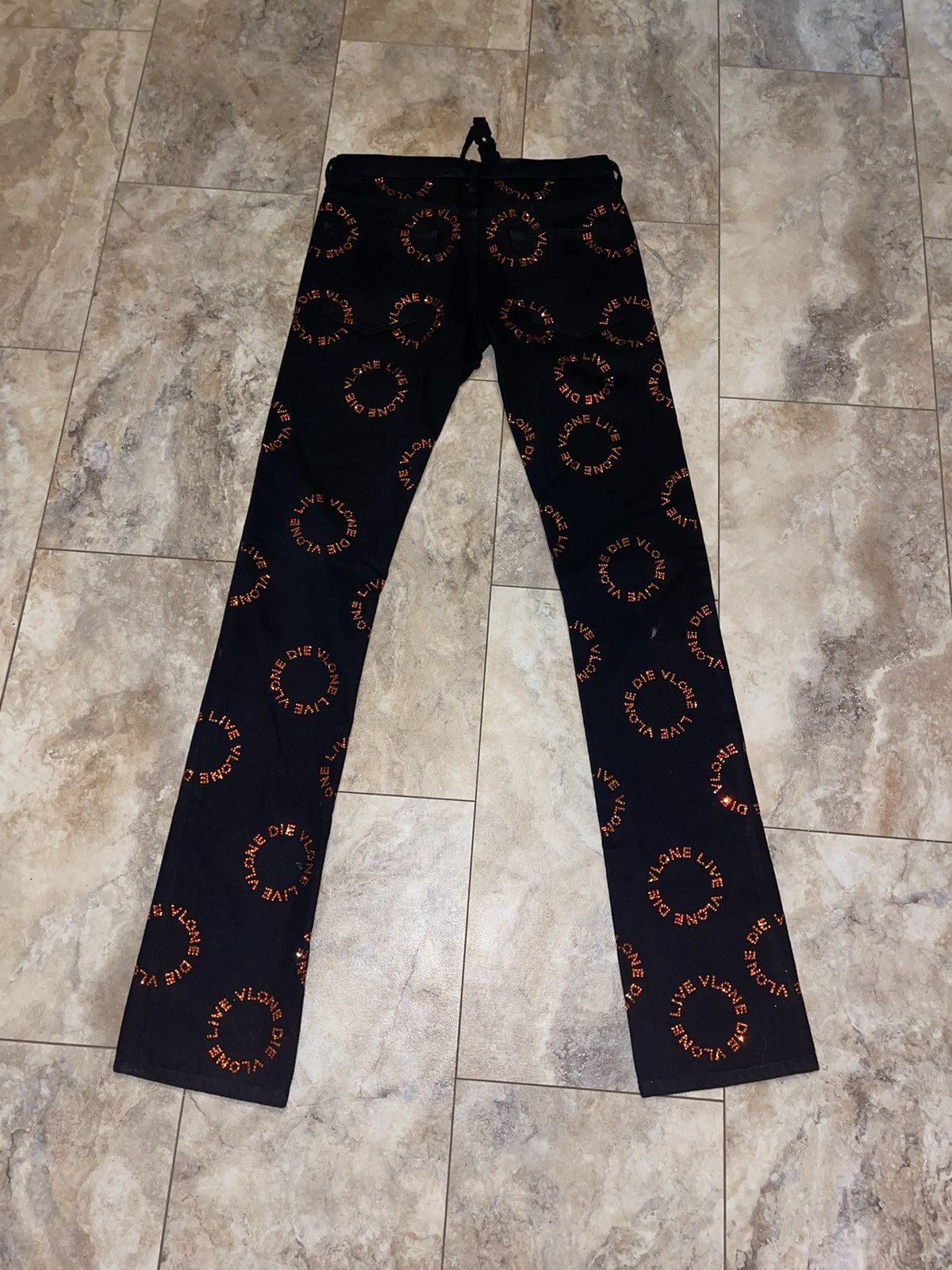 Vlone Vlone Orange Rhinestone Stacked Black Denim Jeans Size 32 | Grailed