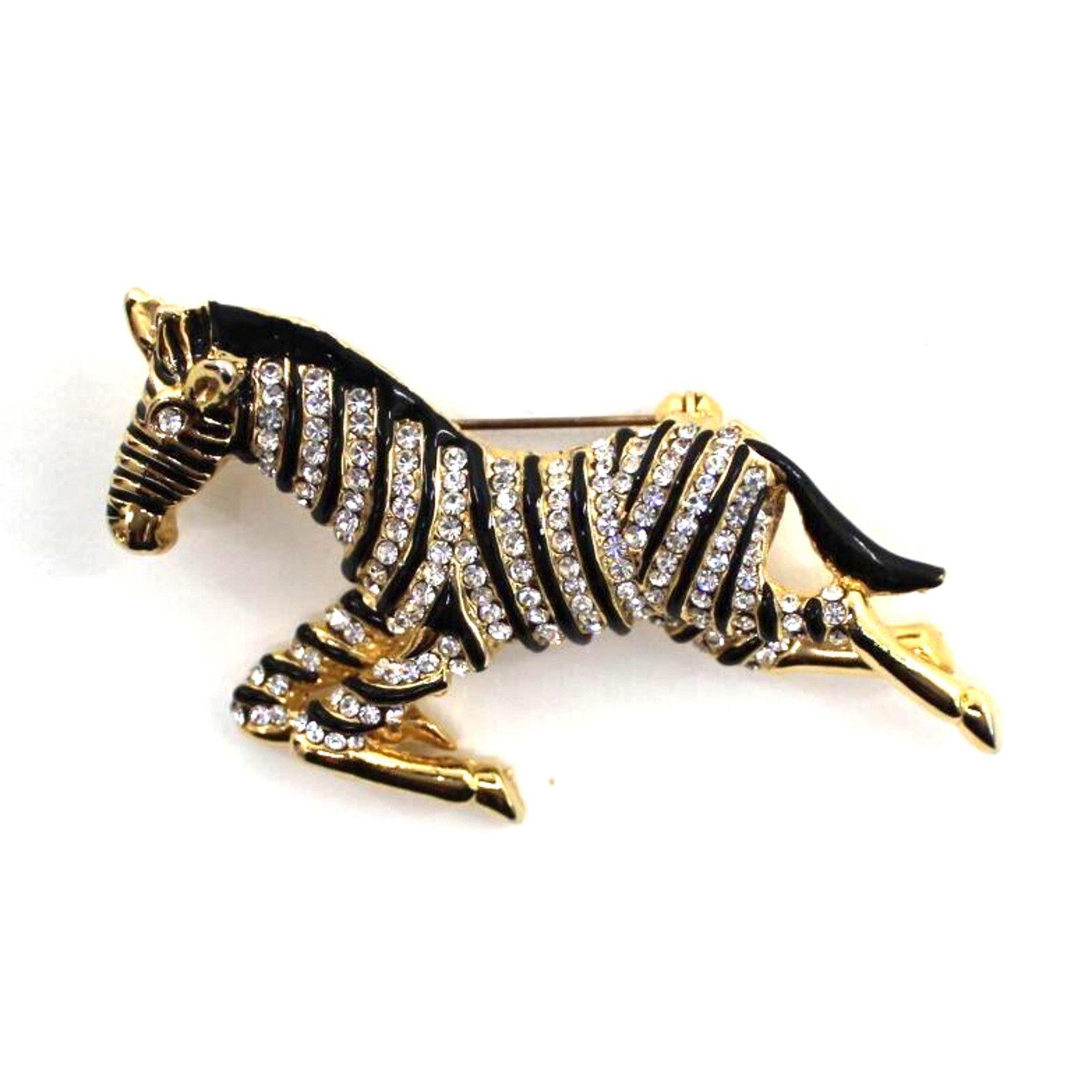 Other Sparkling Zebra Rhinestone Brooch Pin Black Enamel Gold Tone ...