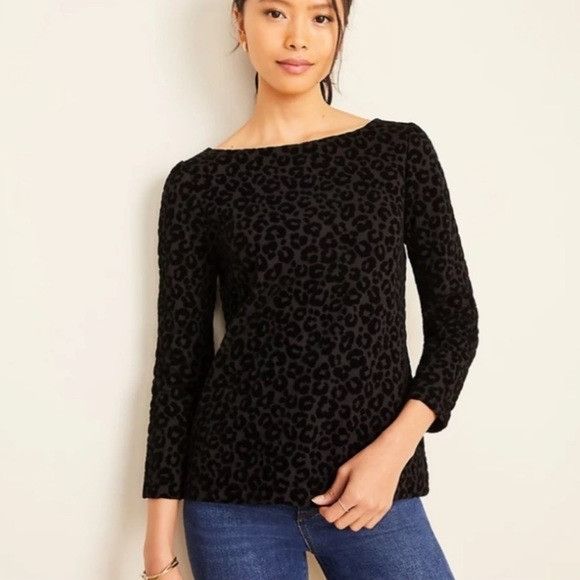 Ann Taylor Ann Taylor Black Velvet Cheetah Print 3/4 Sleeve Blouse ...