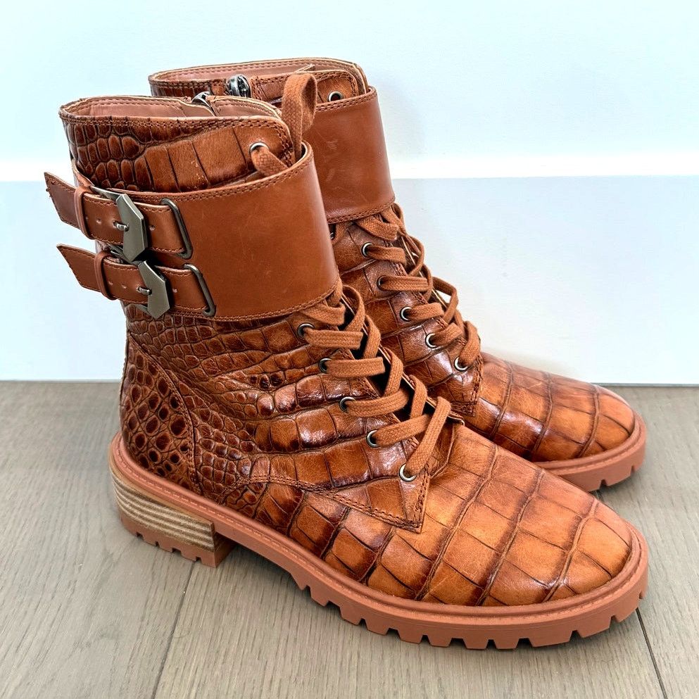 Vince Camuto Fawdry Combat Boots in Brown Faux Croc Leather Footwear