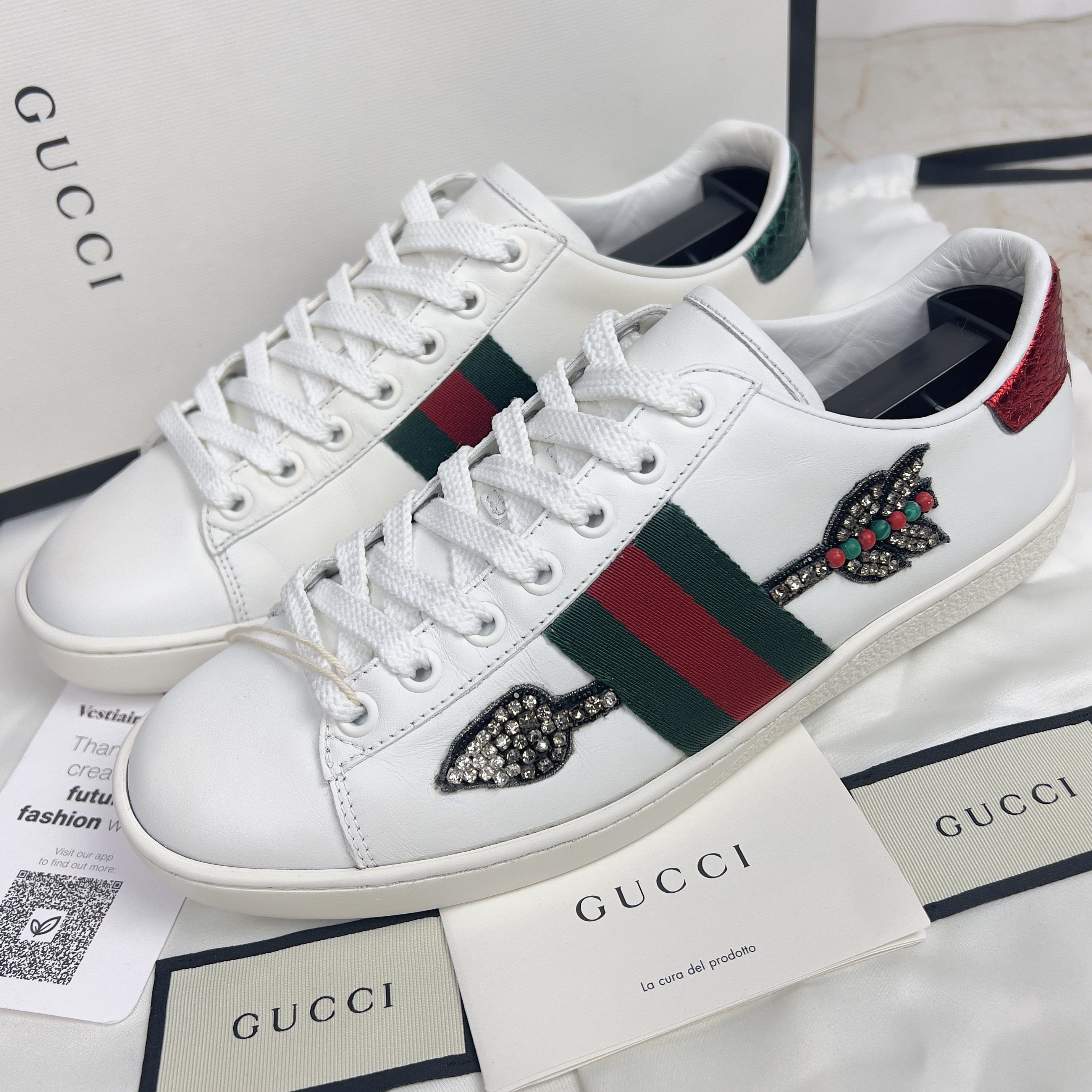 Gucci Ace Rhinestones Arrow Sneakers White Leather | Grailed